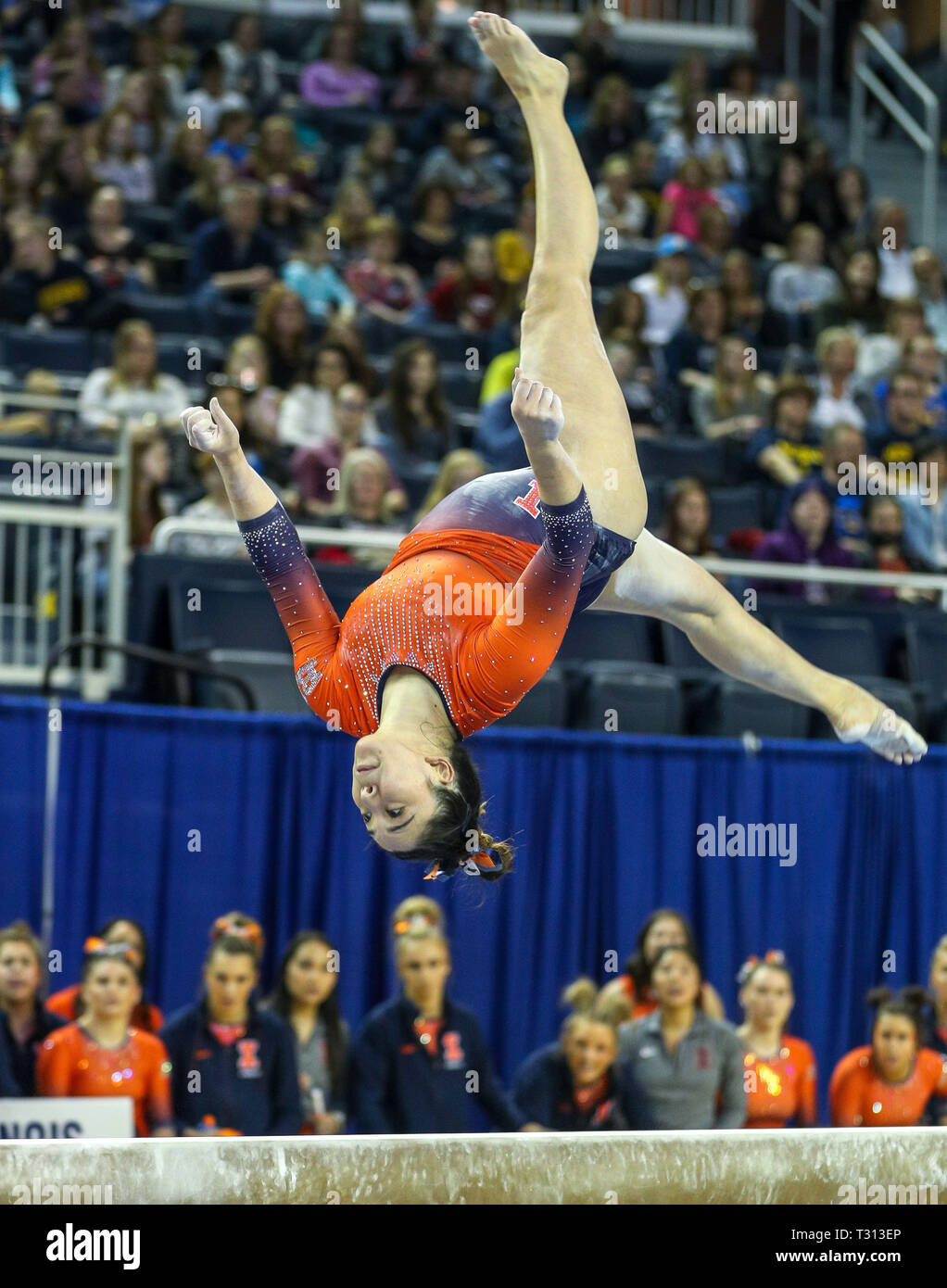 Ann Arbor, MI, USA. 5th Apr, 2019. Illinois' Kylie Noonan does a flip ...