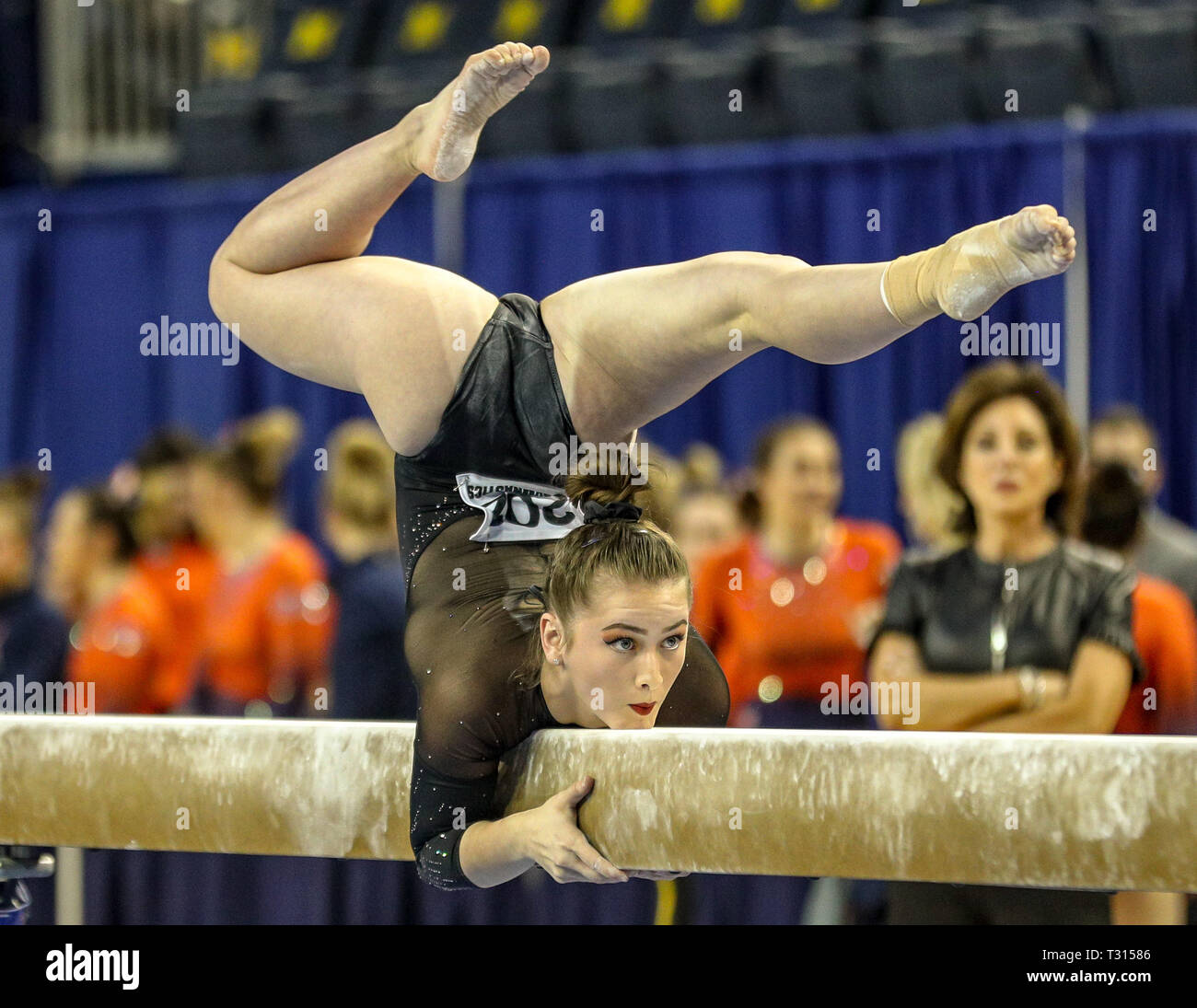 Ann Arbor, MI, USA. 5th Apr, 2019. UCLA's Norah Flatley performs on the ...