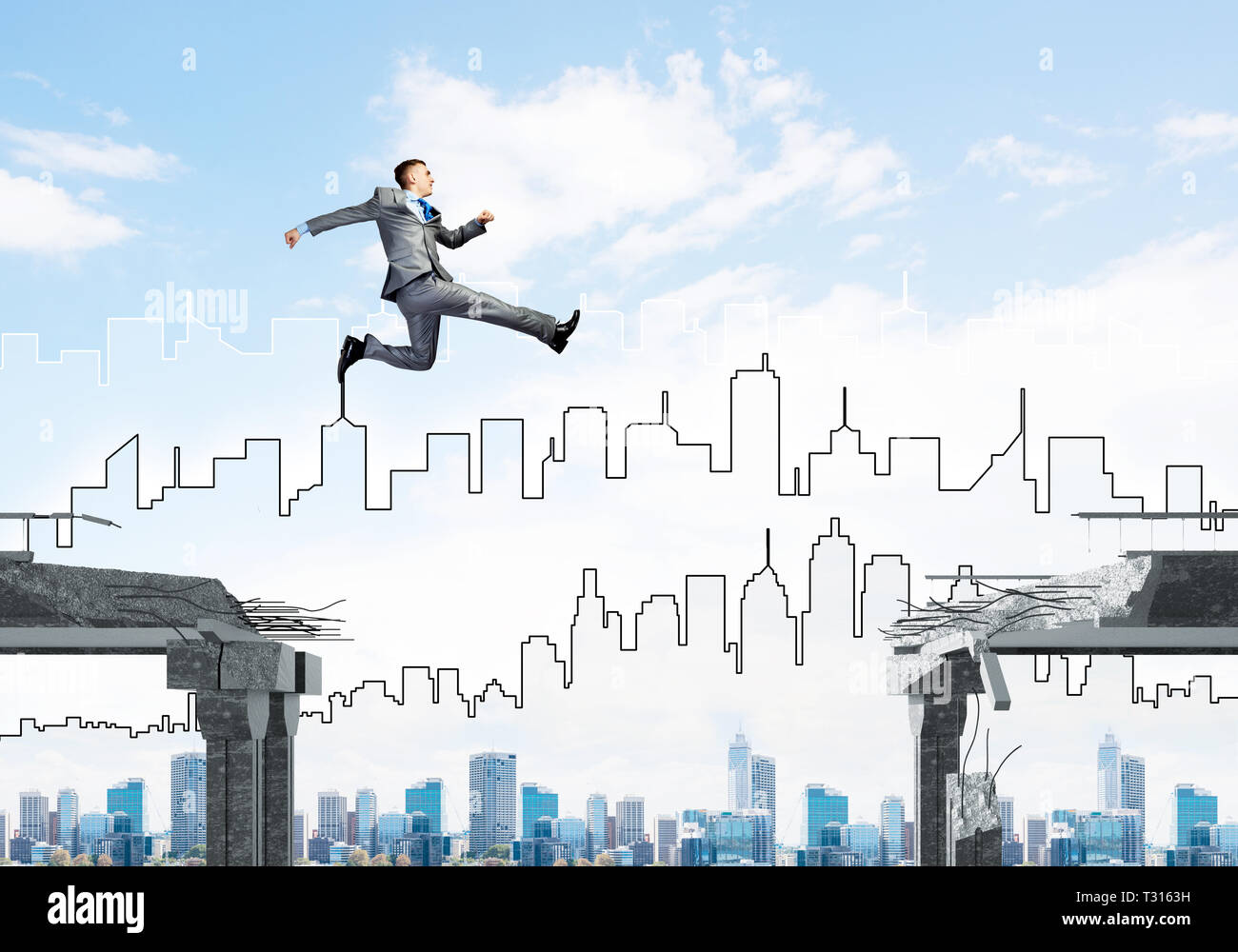 Businessman jumping over gap in concrete bridge as symbol of overcoming ...