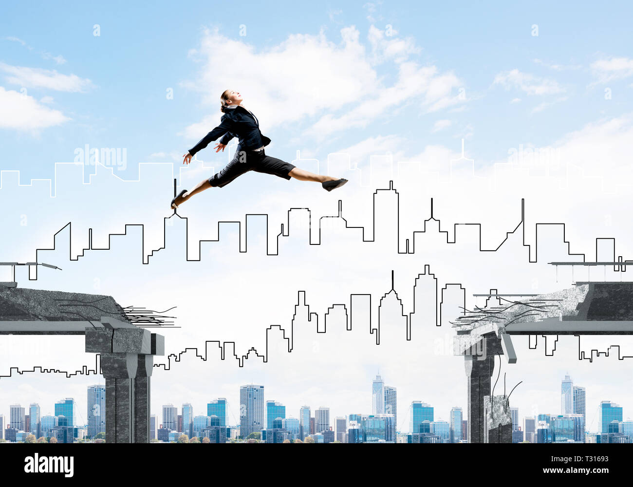 Business woman jumping over gap in concrete bridge as symbol of ...