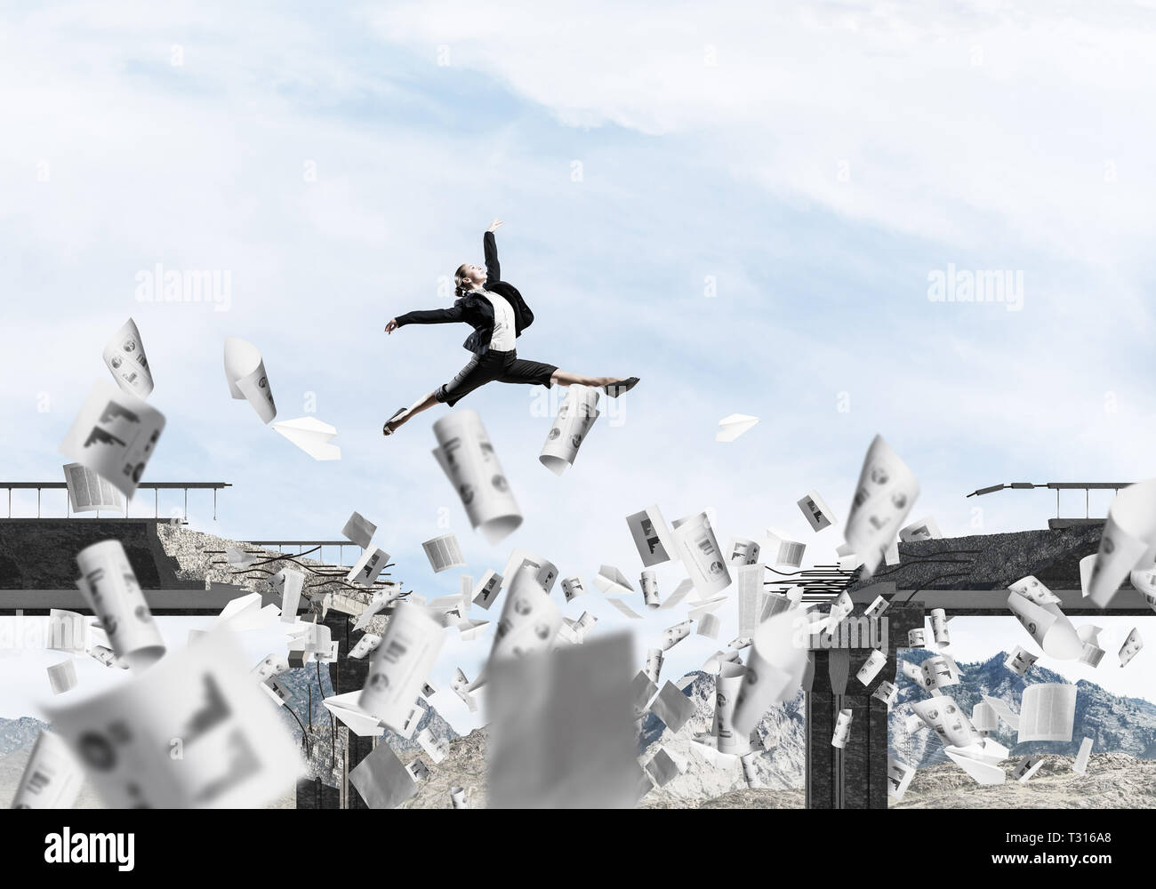 Business woman jumping over gap in bridge among flying papers as symbol ...