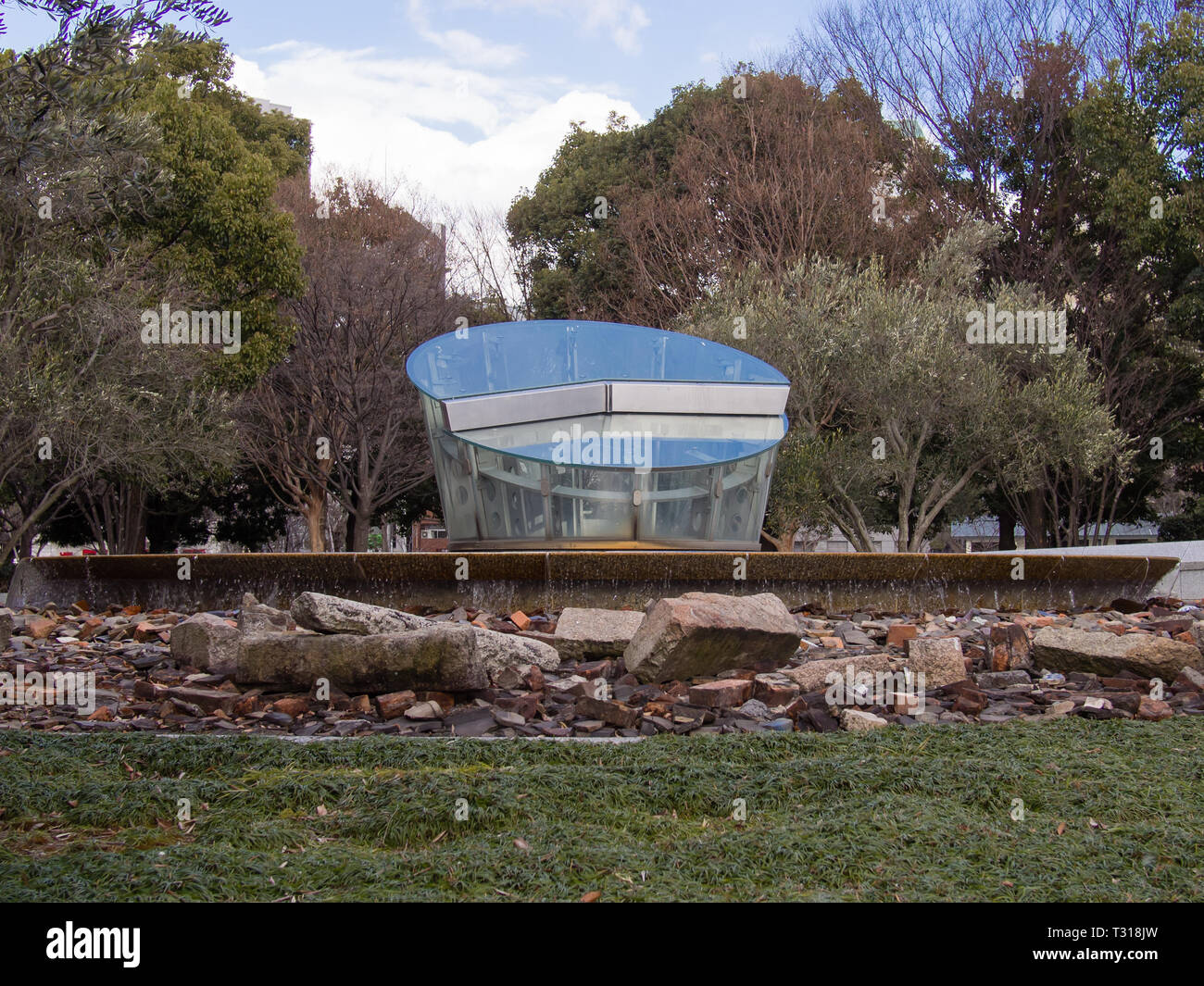 A clock monument at the Hiroshima Peace Memorial Park in Hiroshima ...