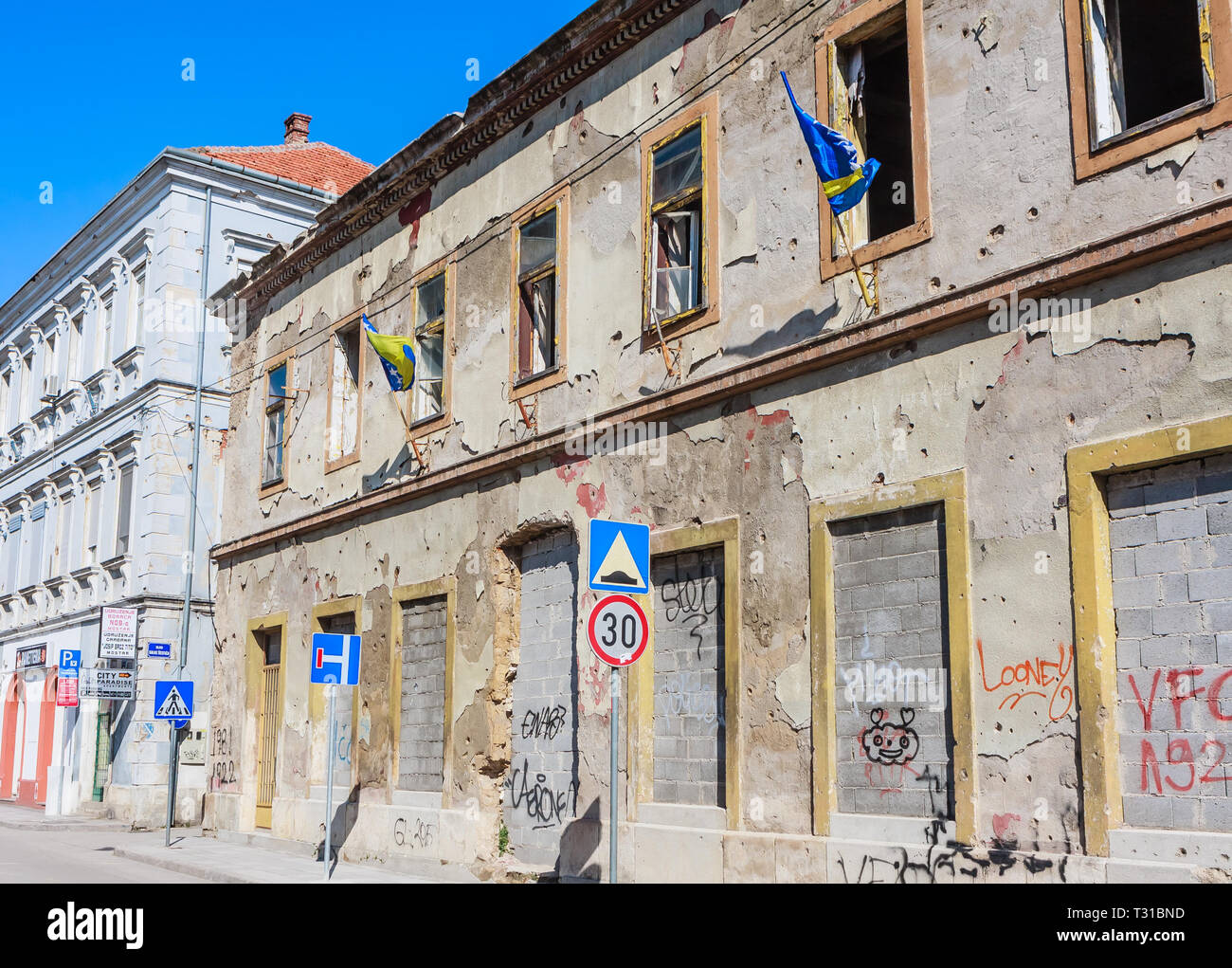 Building in Mostar damaged by the war and still not renovated. Ruined ...
