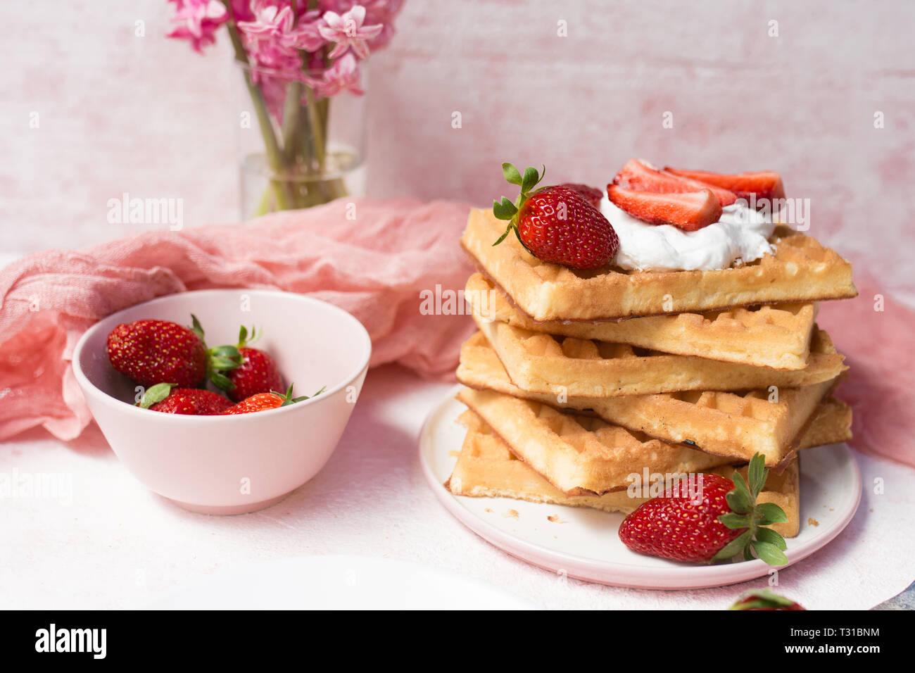Delicious waffle whipped cream strawberries hi-res stock photography ...