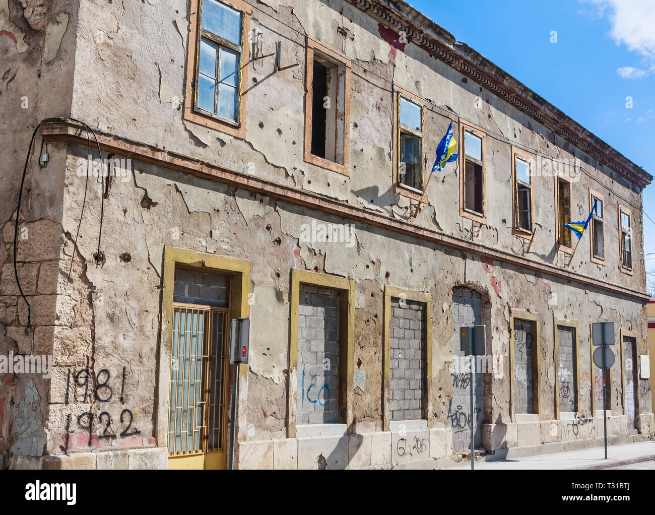 Building in Mostar damaged by the war and still not renovated. Ruined ...