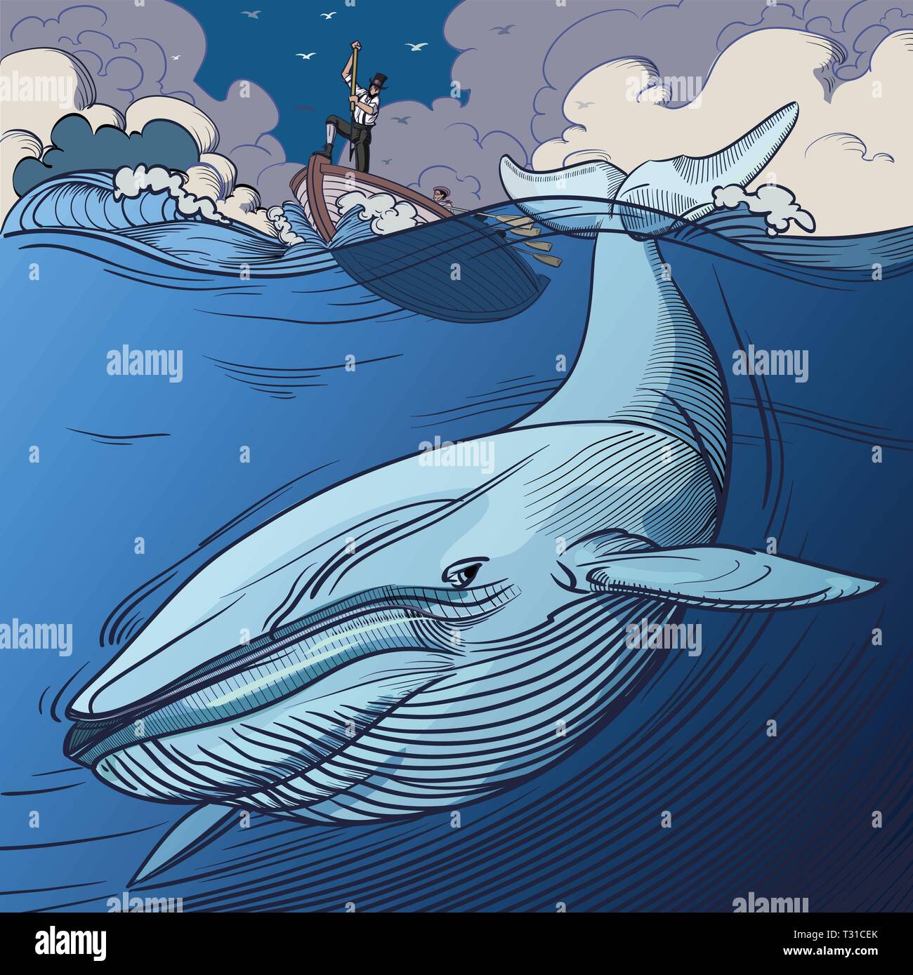 Blue whale being hunted by old time whalers book style line ...