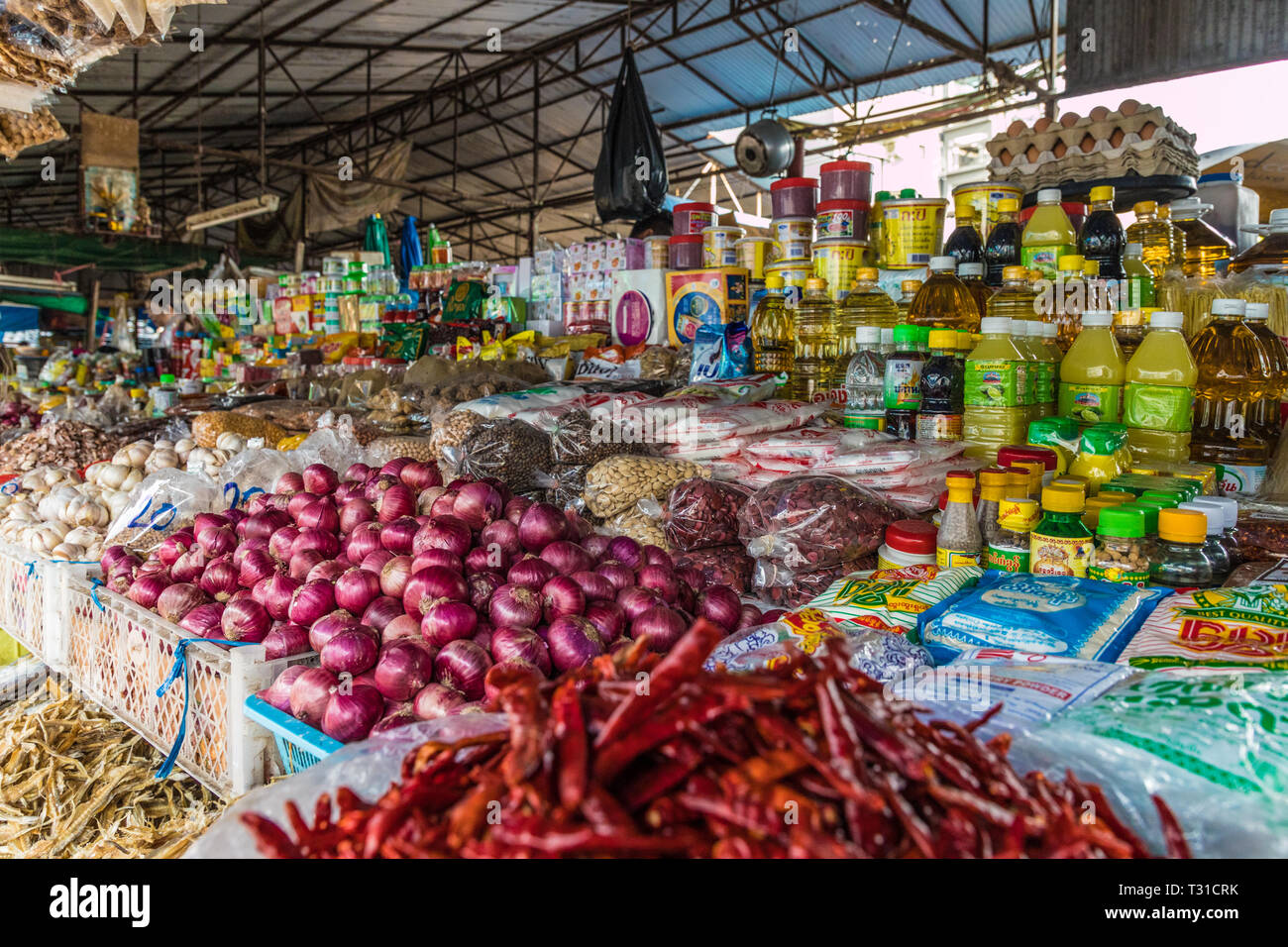 February 2019. Phuket Town Thailand. A colorful market stall at the 24 ...