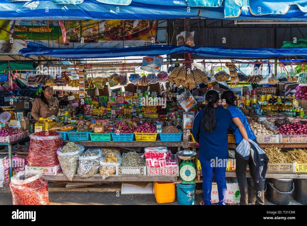 February 2019. Phuket Town Thailand. A colorful market stall at the 24 ...