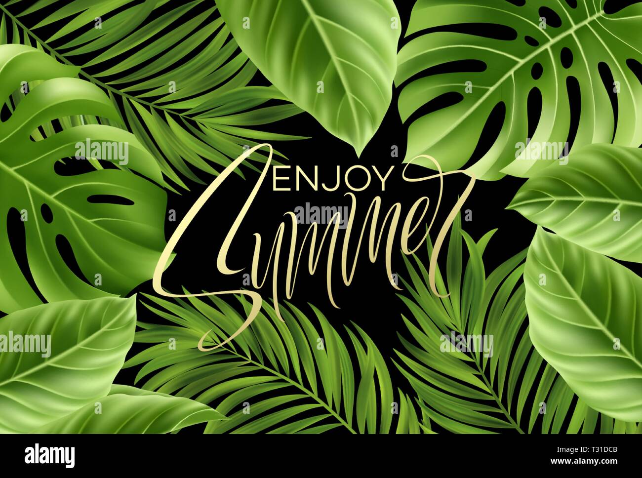 Summer poster with tropical palm leaf and handwriting lettering. Vector ...