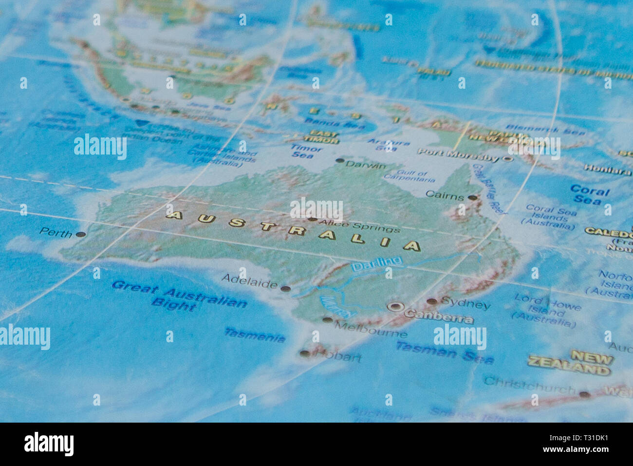 Australia in close up on the map. Focus on the name of country ...