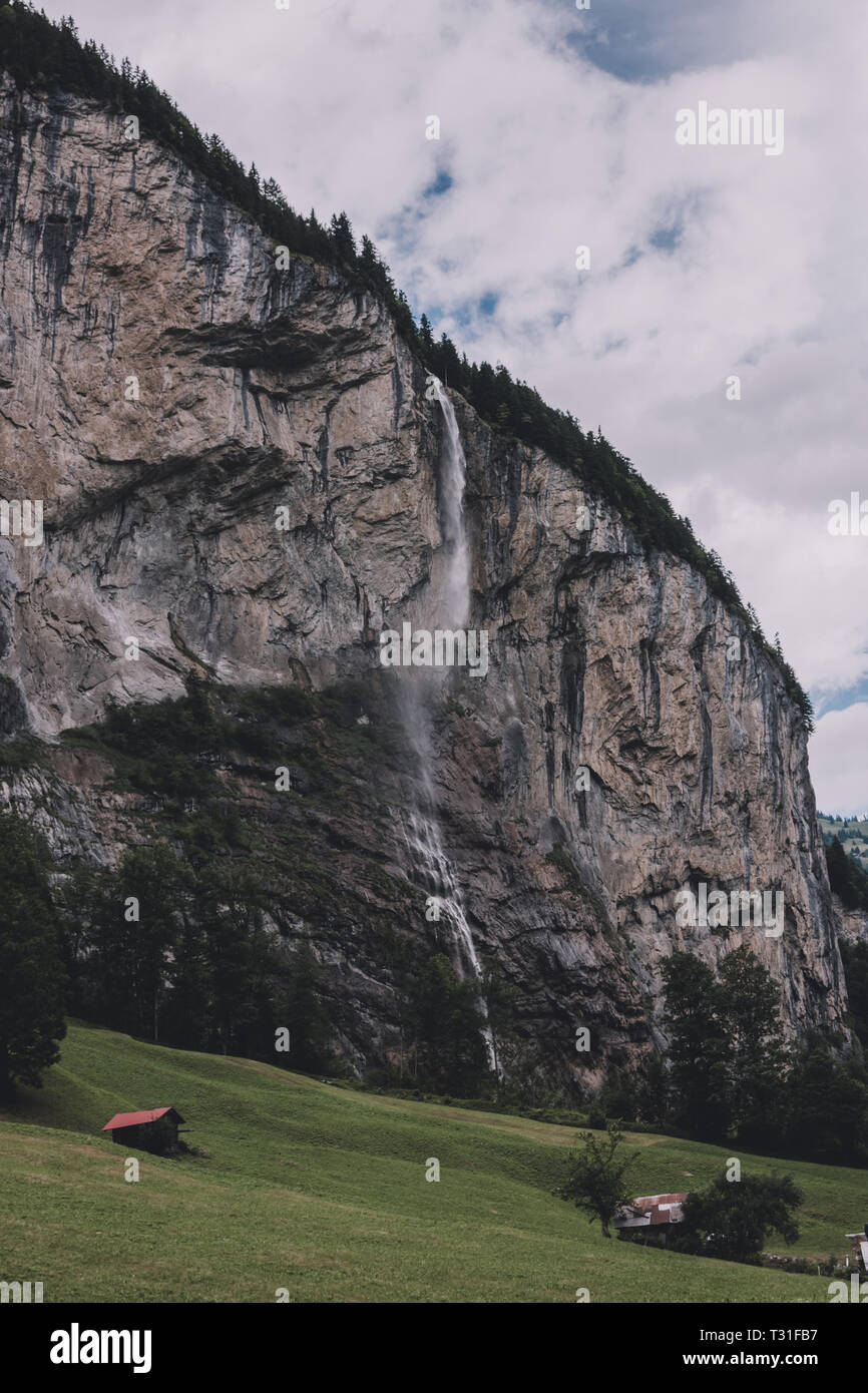 View closeup waterfall Staubbach fall in mountains, valley of ...
