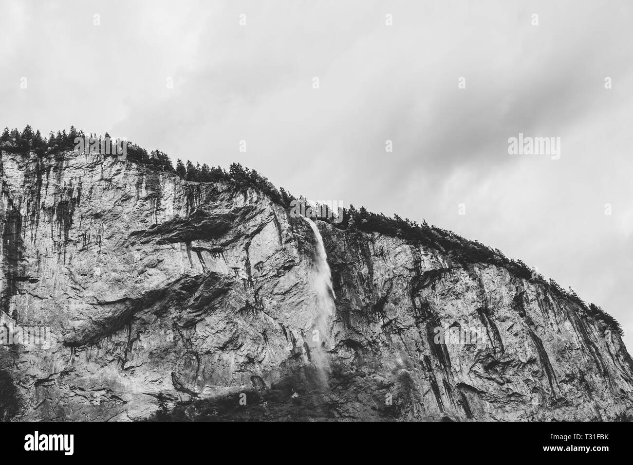 View closeup waterfall Staubbach fall in mountains, valley of ...