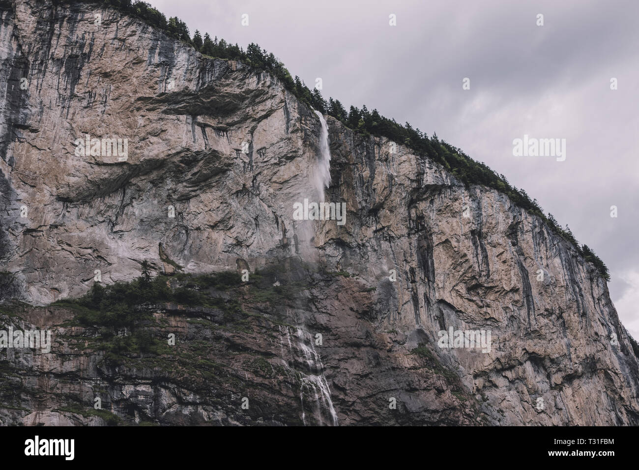 View closeup waterfall Staubbach fall in mountains, valley of ...