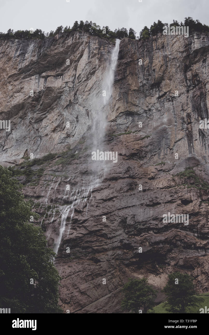 View closeup waterfall Staubbach fall in mountains, valley of ...