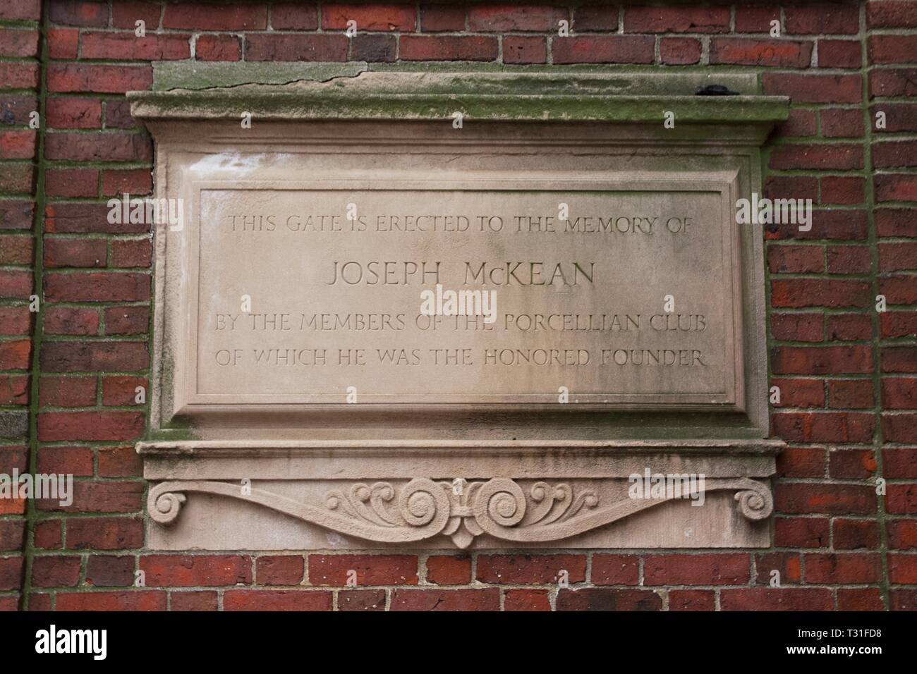Memorial paque for the Joseph Mckean gate which is at the entrance of Harvard Yard Stock Photo ...