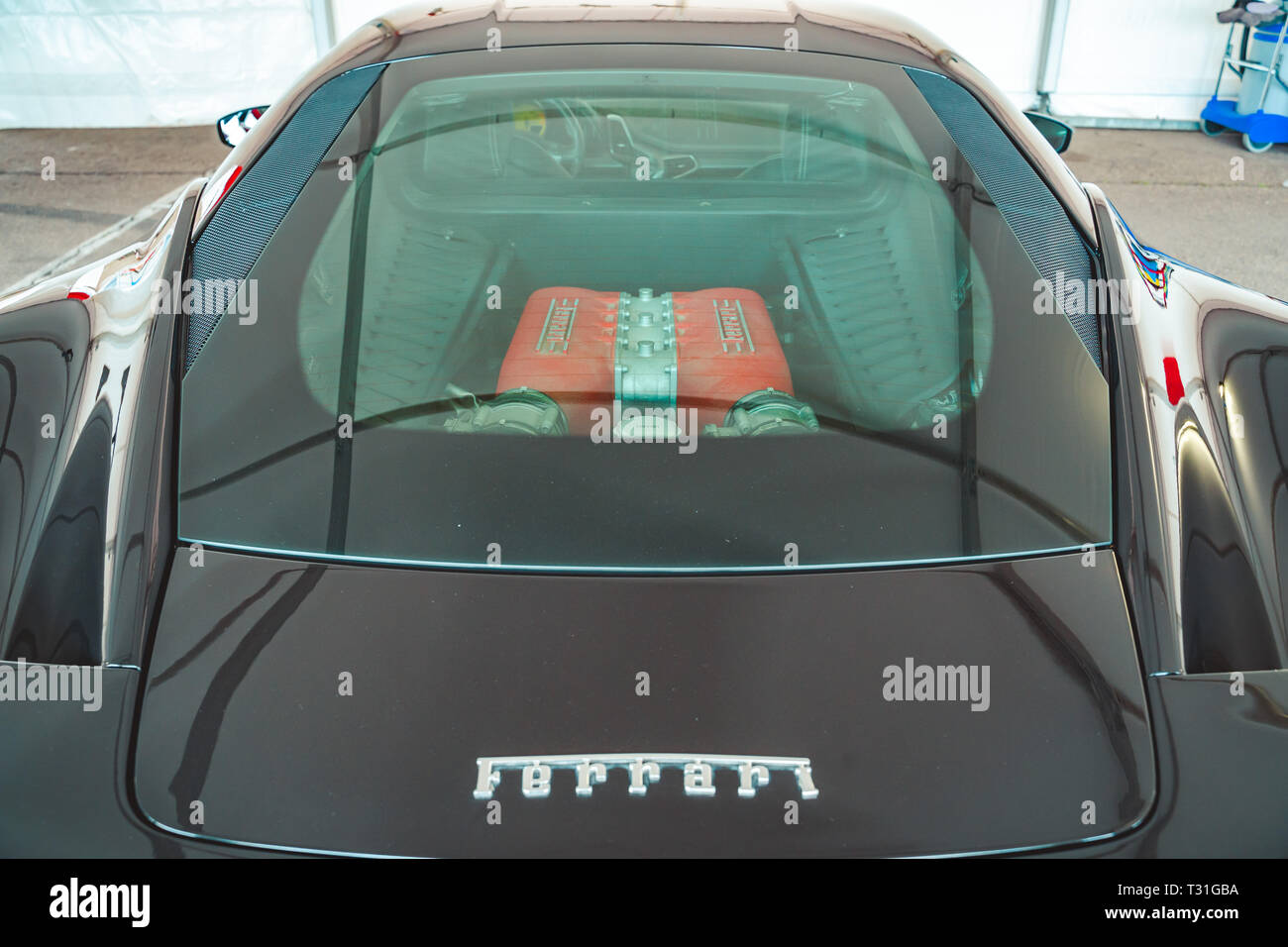 Valencia,Spain - March 30, 2019: Ferrari 488. Engine window. Luxury ...