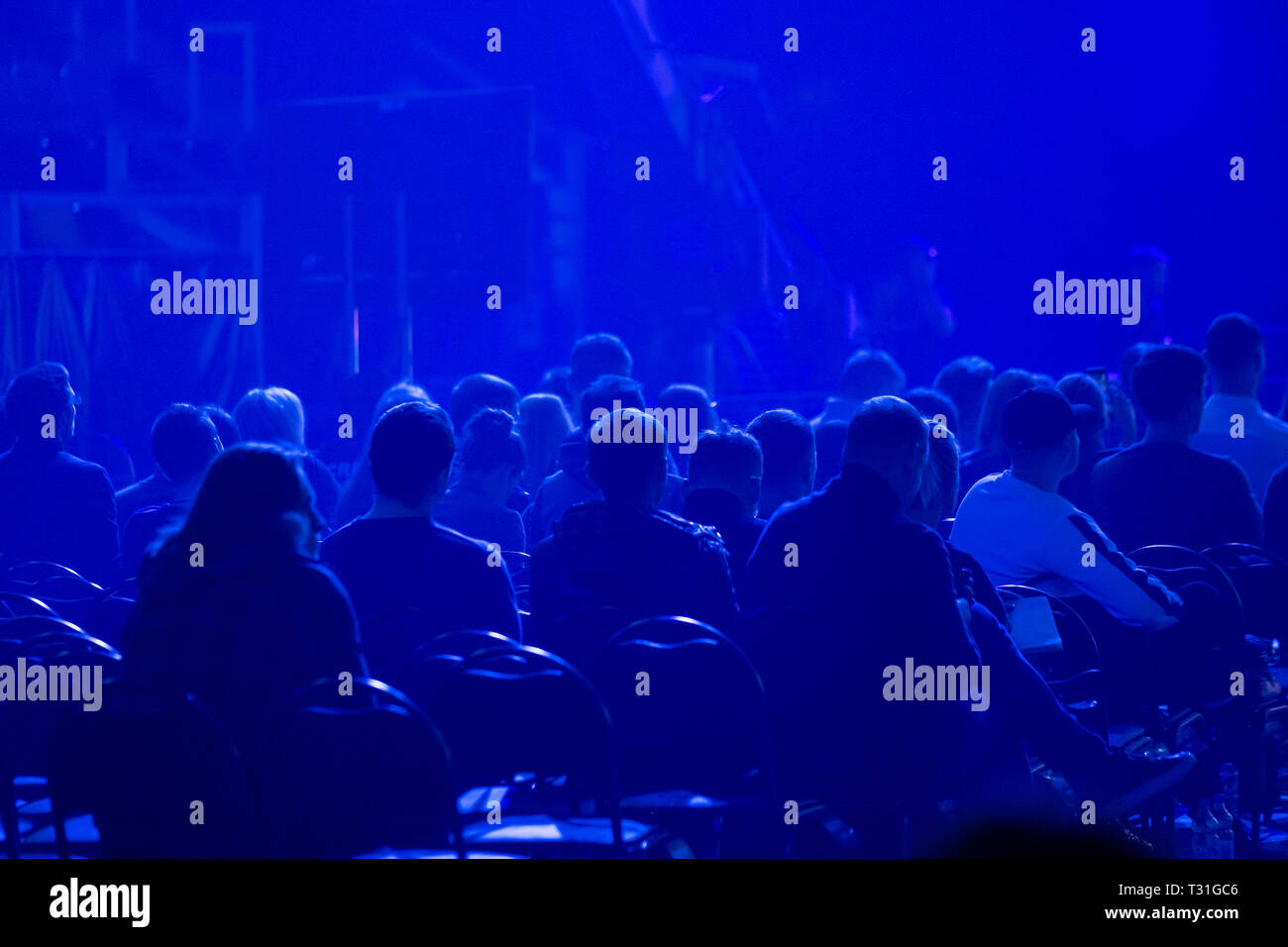 Audience listens to the lecturer at the business conference, back view ...