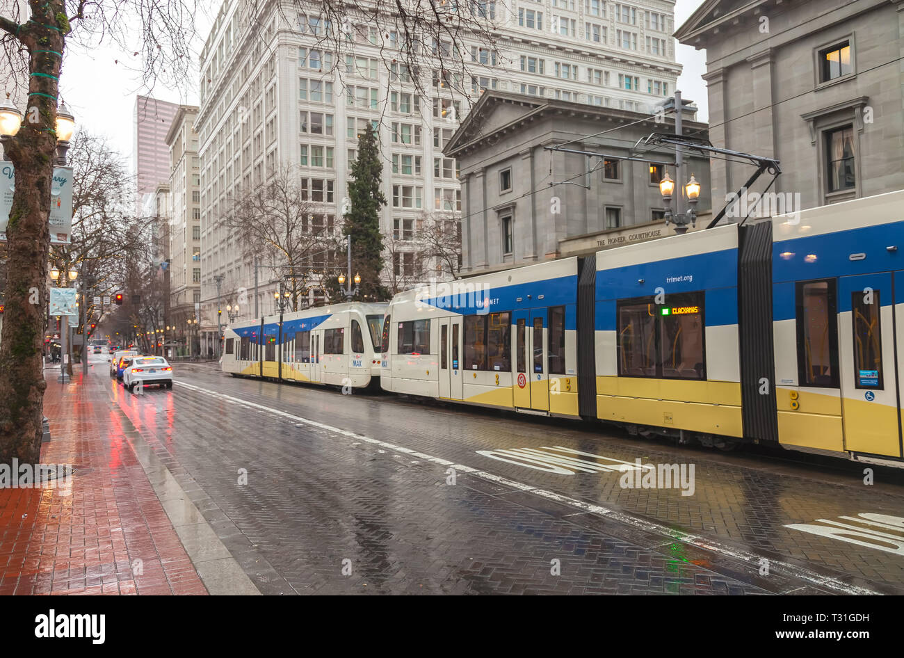 A Tri Met Max train was waiting at traffic light in downtown Portland ...
