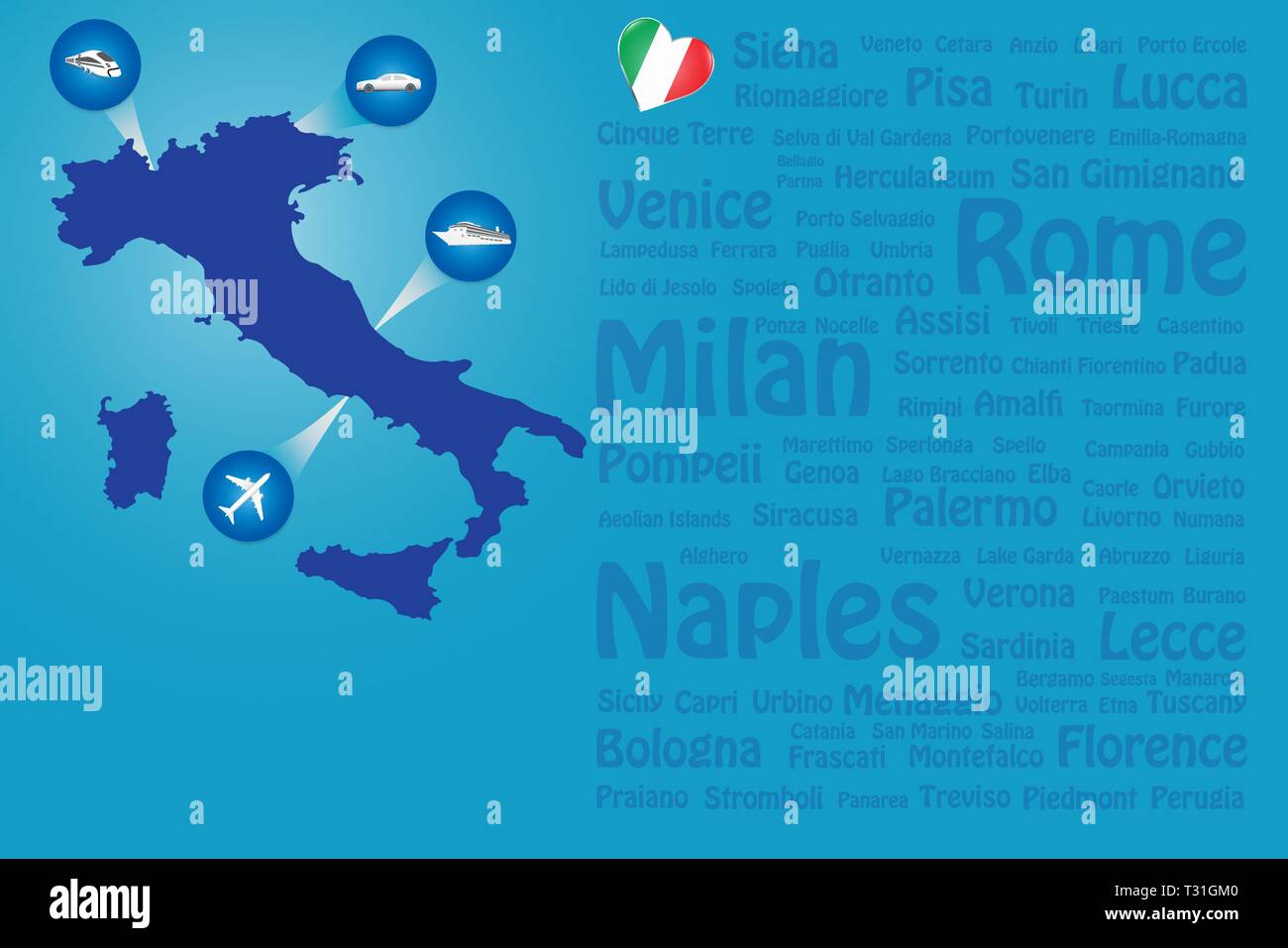 Travel Italy template vector showing the plane, car, train and ship ...