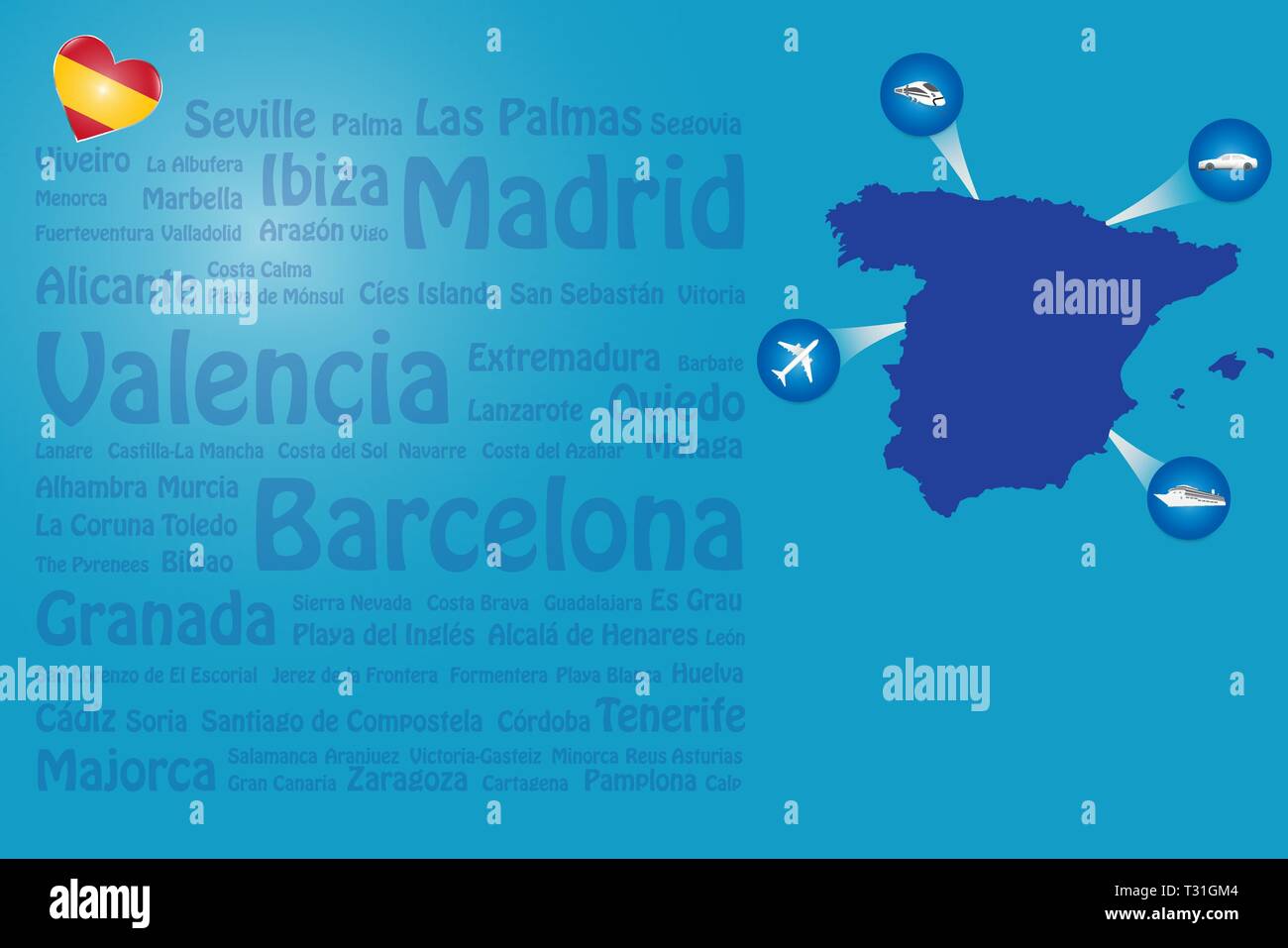Travel Spain template vector showing the plane, car, train and ship ...