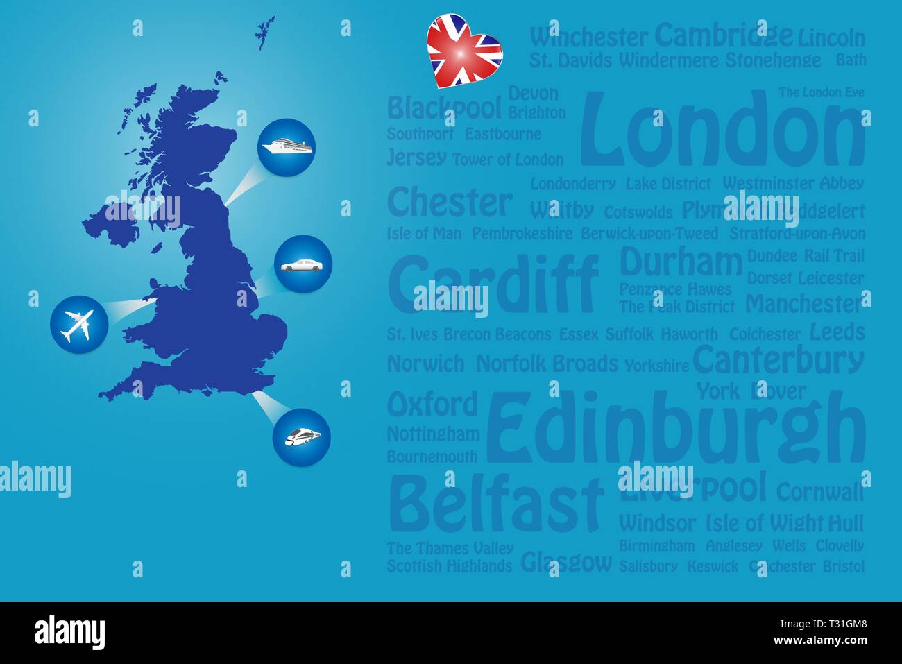 Travel Great Britain template vector showing the plane, car, train and ...