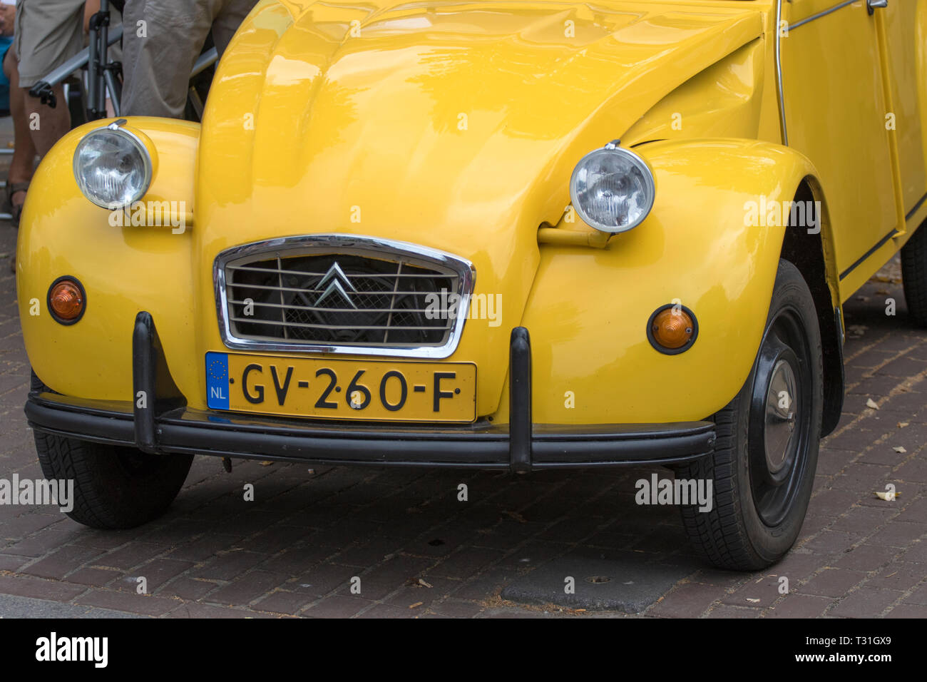 MEDEMBLIK, NETHERLAND, -JULY 22 ,2018: Front of a citroen yellow 2 cv ...