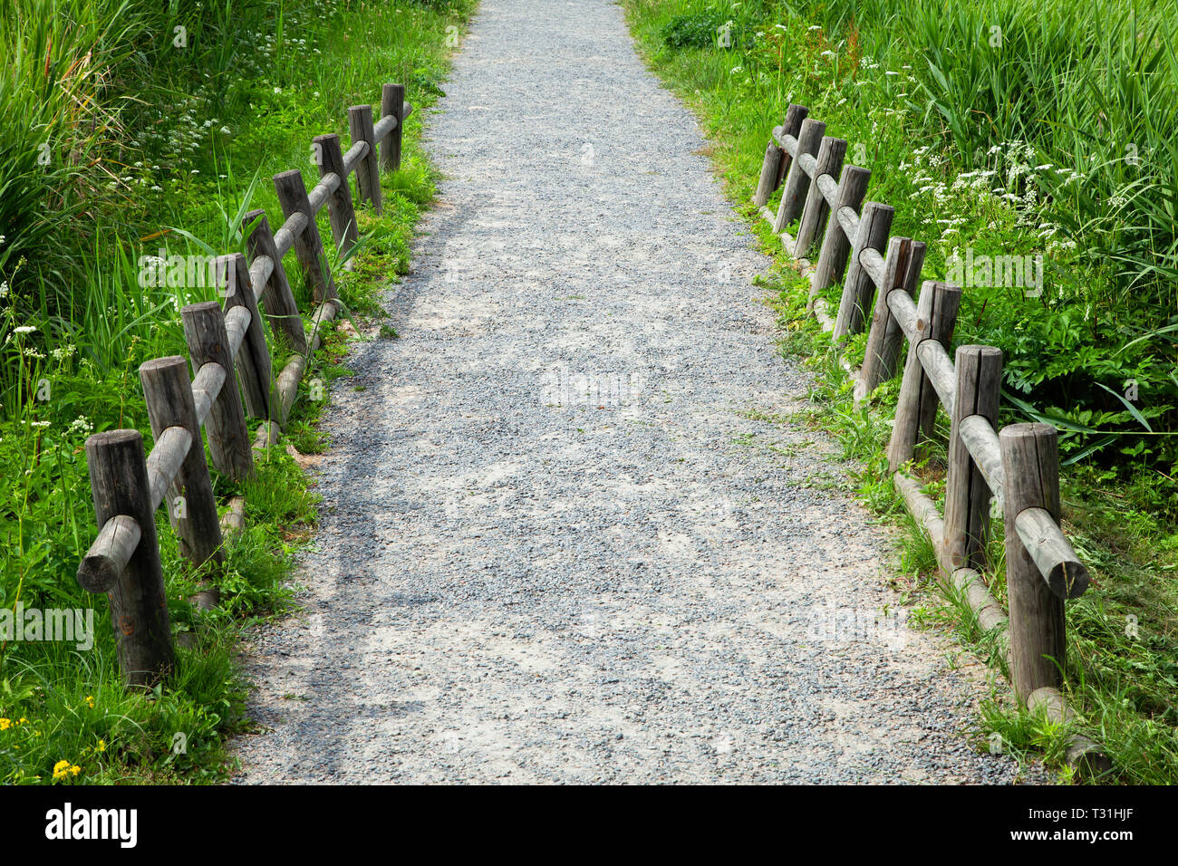 Walking path with a wooden fence Stock Photo - Alamy
