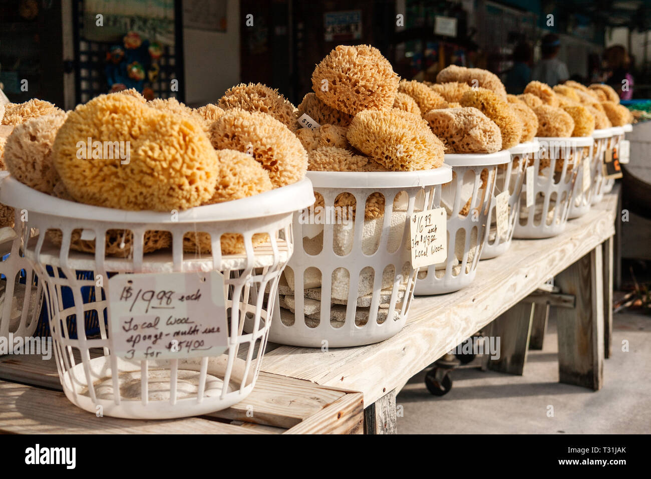 Baskets of sea sponges line a table along the Sponge Docks in Tarpon ...