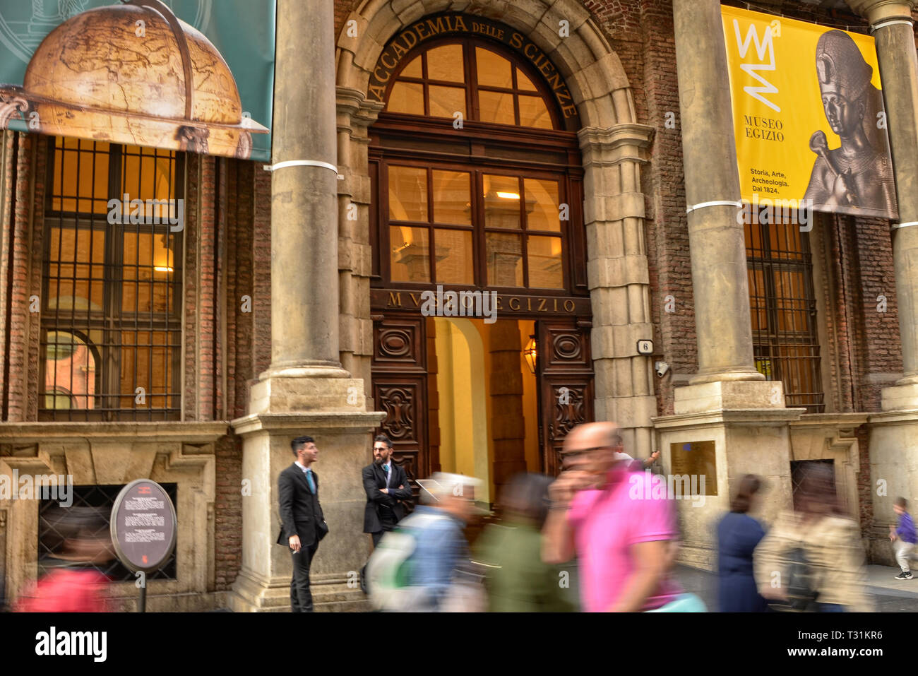 Turin, Piedmont, Italy. March 2019. The entrance to the Egyptian museum ...