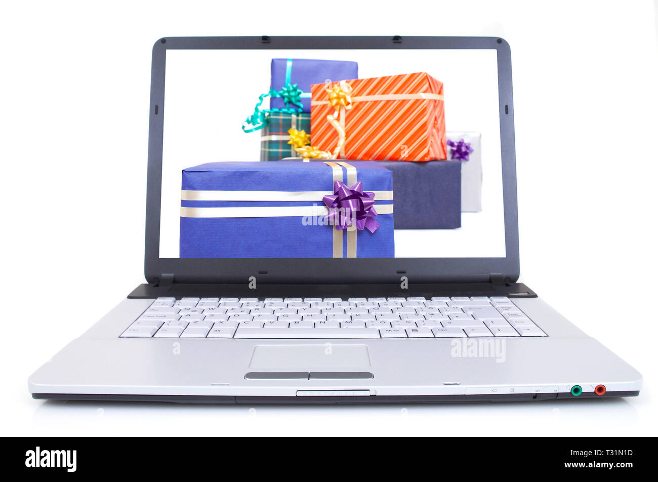 high tech laptop with gift packages on screen Stock Photo - Alamy