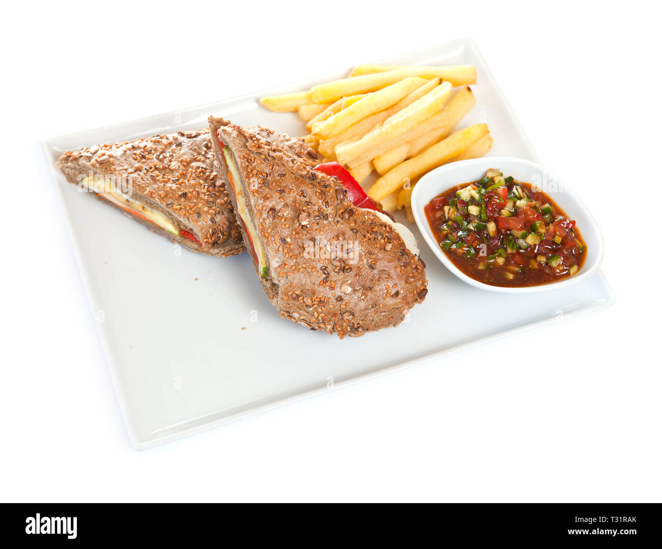 Cheese fillet with french fries and sauce Stock Photo - Alamy