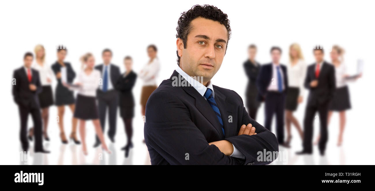 Teamwork concept with businessman and his team Stock Photo - Alamy