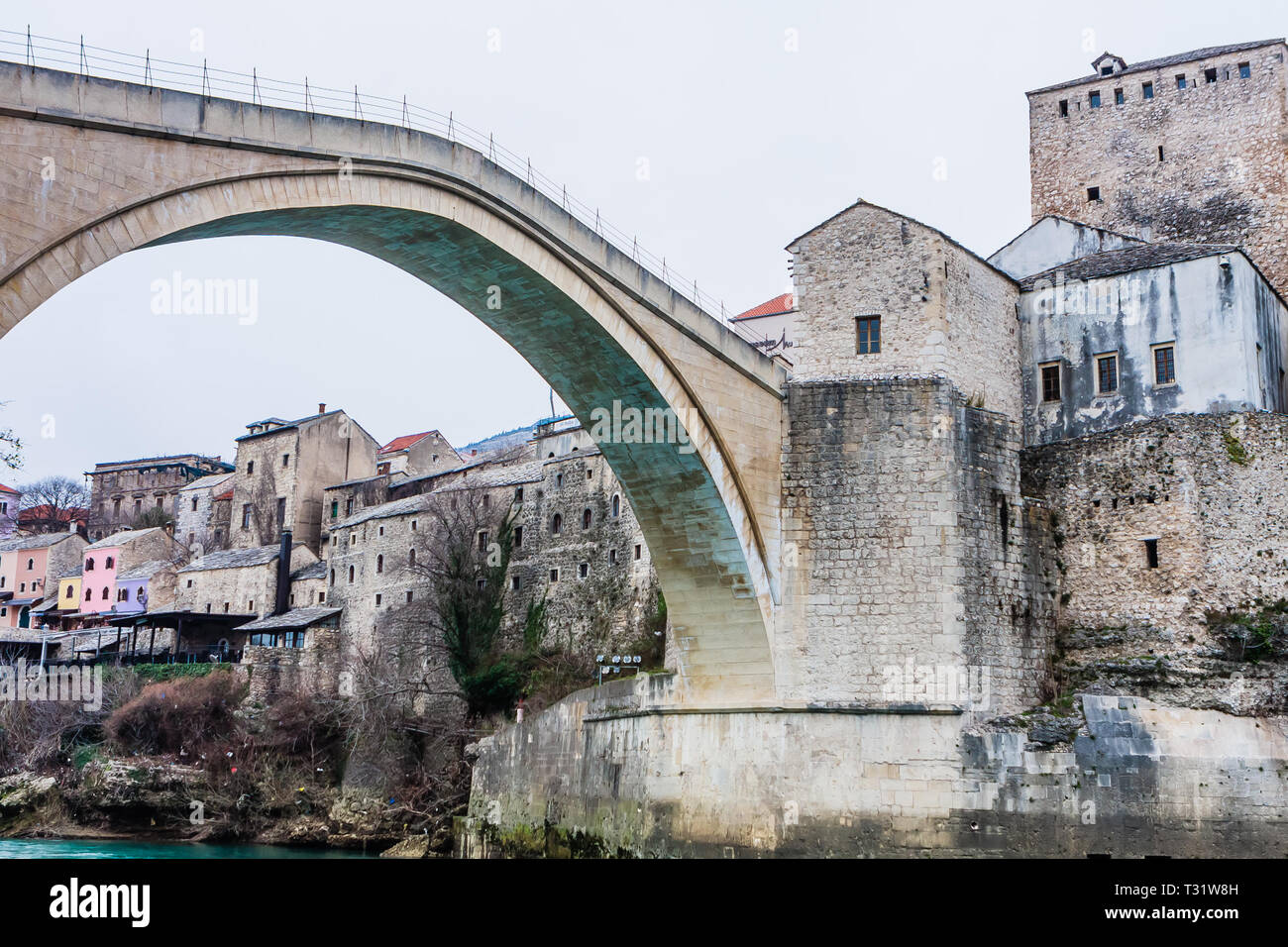 View of Stari Most a 16th-century Ottoman bridge over Neretva river in ...