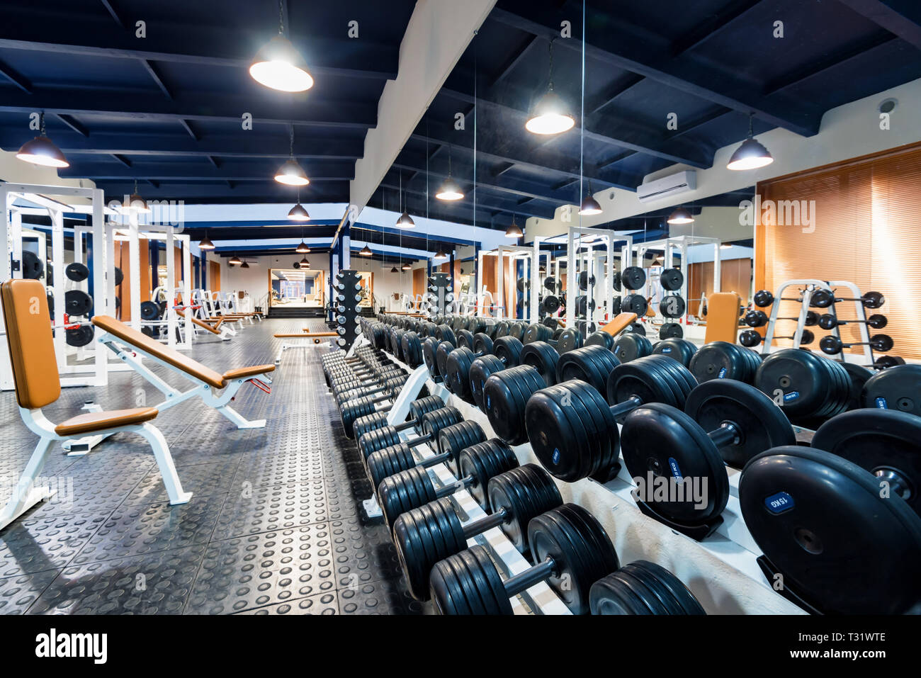 New fitness machines and dumbbells in modern gym interior Stock Photo ...