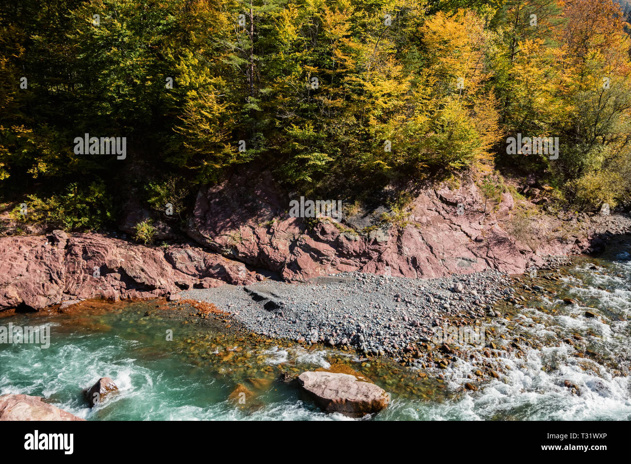 Fall landscape with mountain river and forest Stock Photo - Alamy