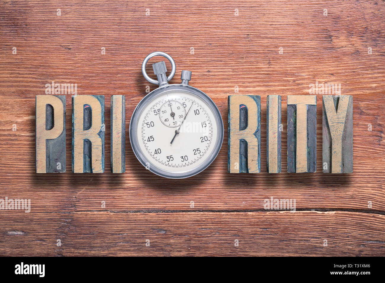 priority word combined on vintage varnished wooden surface with ...