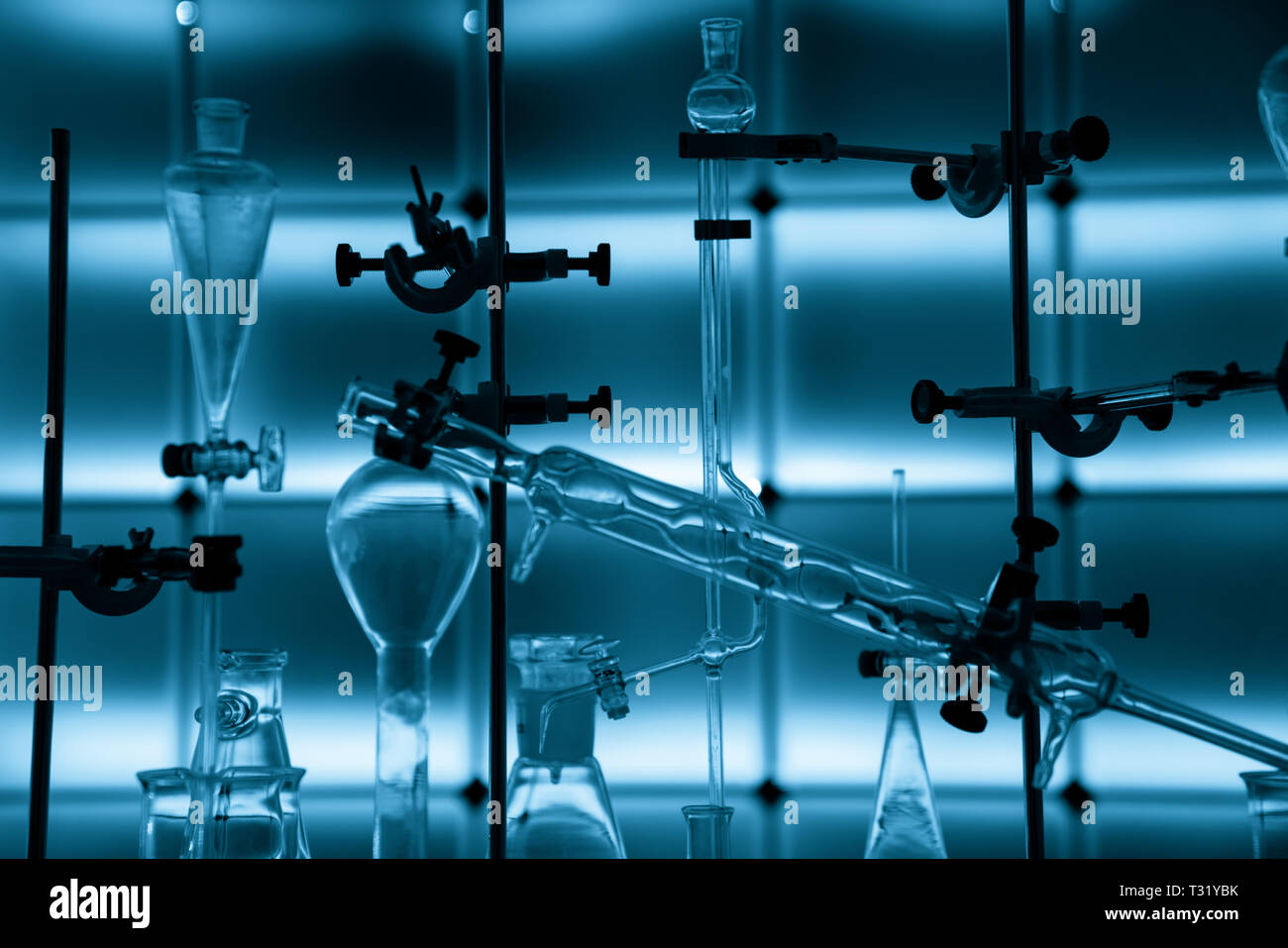 Glass instruments in the laboratory of chemical synthesis Stock Photo ...