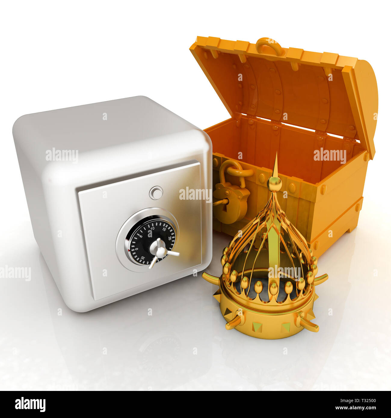 Chest, safe and crown. Money saving concept. 3d render Stock Photo - Alamy