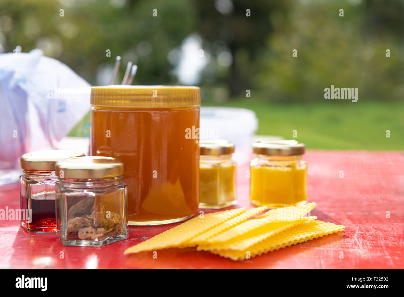 various products such as propolis, honey wax plates against blurred ...