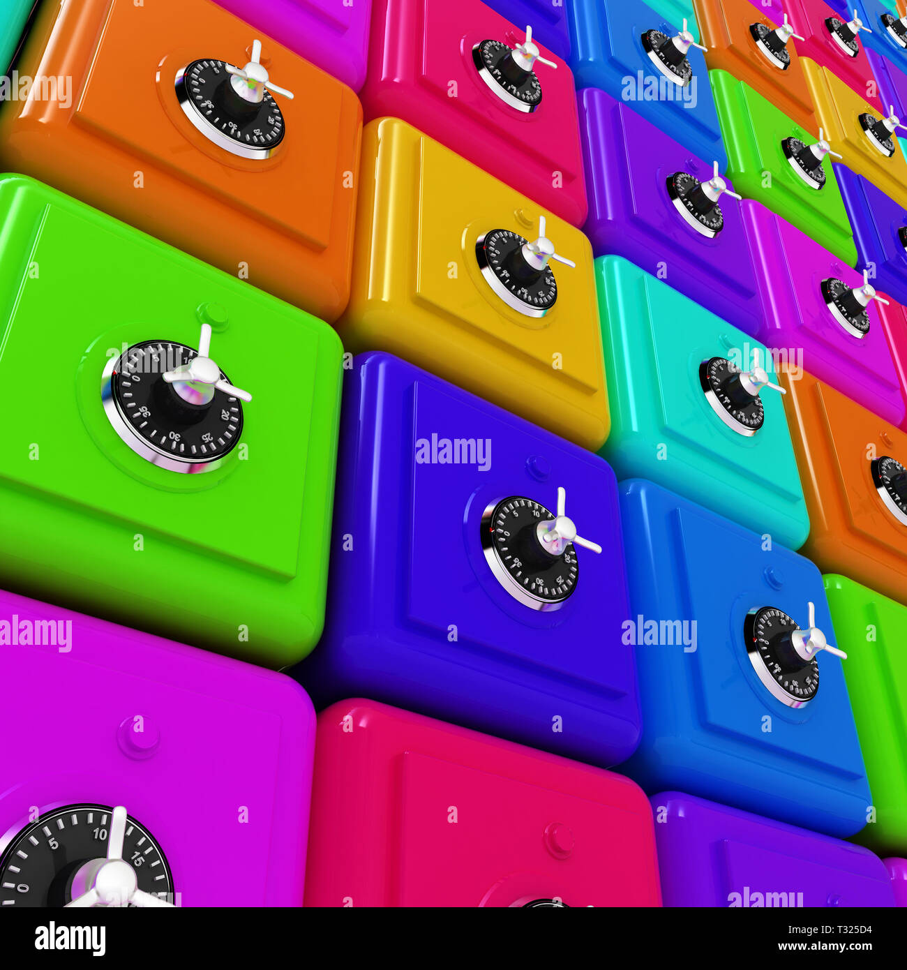 Many colorful safes. 3d render Stock Photo - Alamy