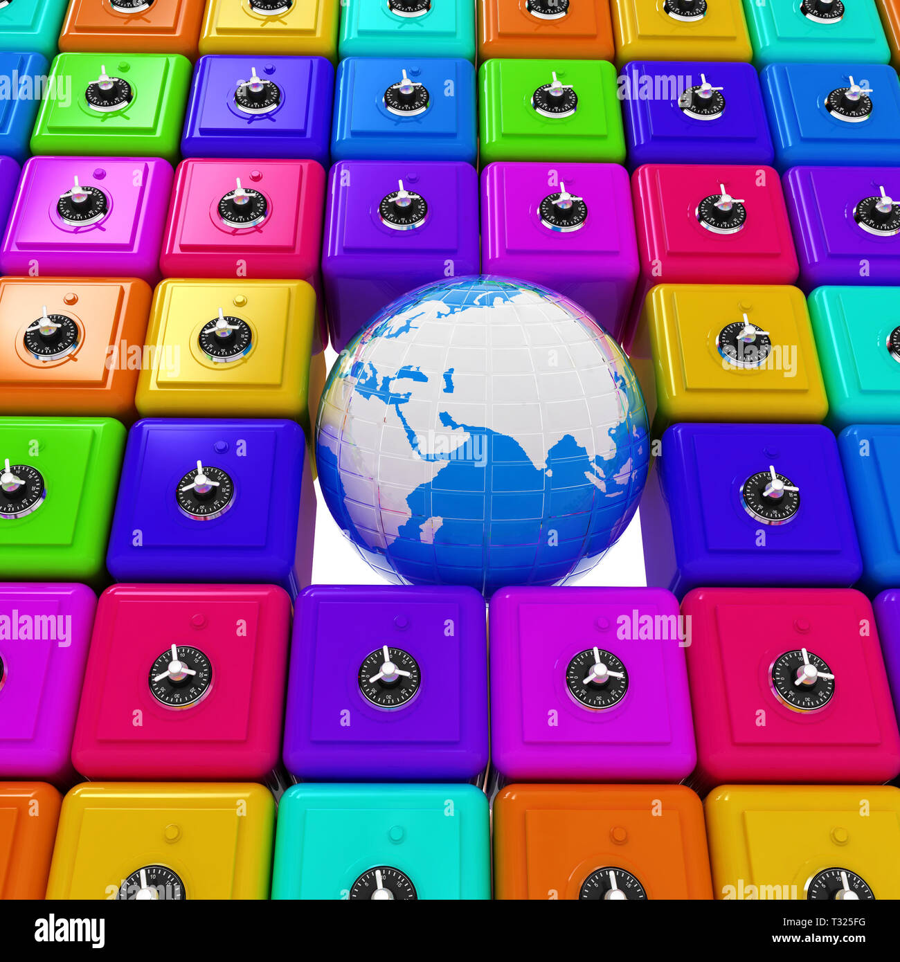 Earth and many safes. Global bancing online concept of money saving. 3d ...