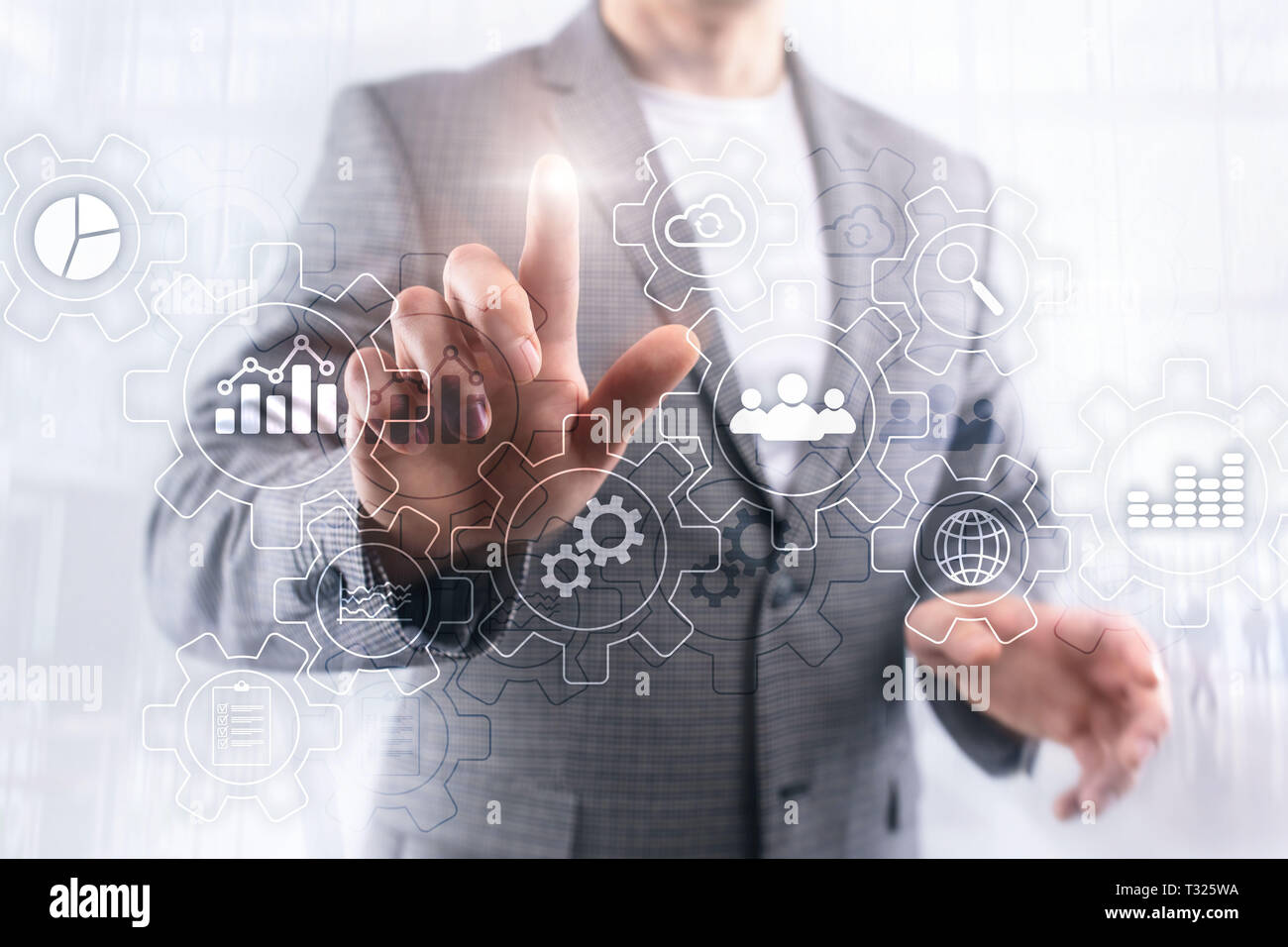 Business process abstract diagram with gears and icons. Workflow and ...