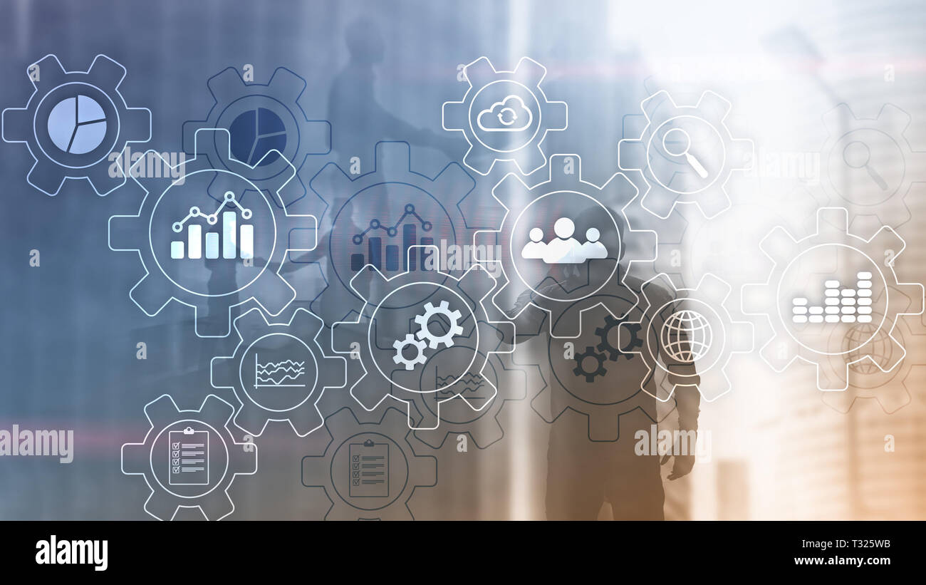 Business process abstract diagram with gears and icons. Workflow and ...
