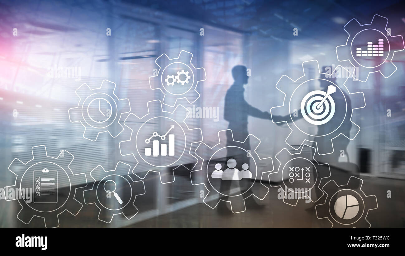 Business process automation concept. Gears and icons on abstract ...