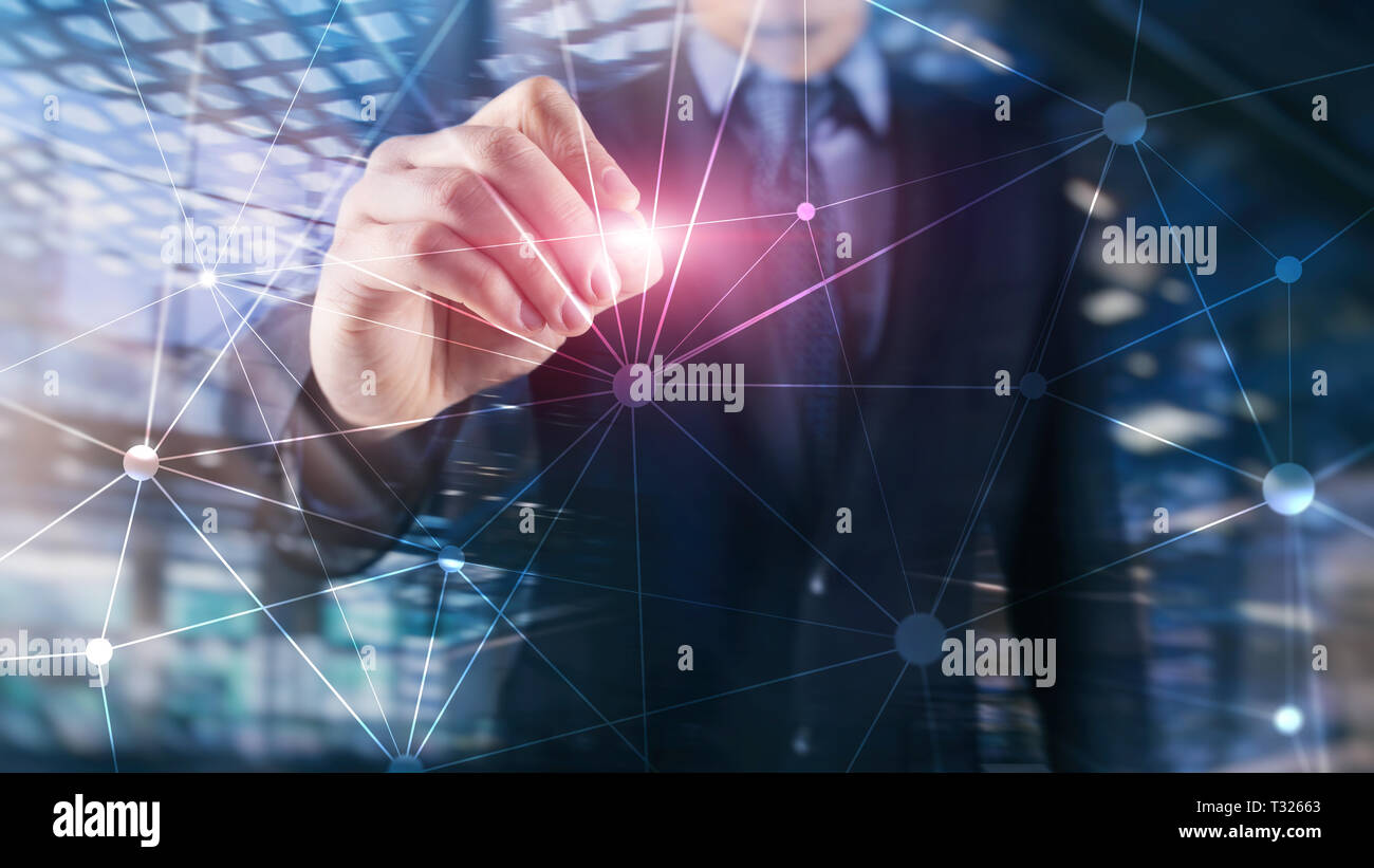 Blockchain network on blurred skyscrapers background. Financial ...