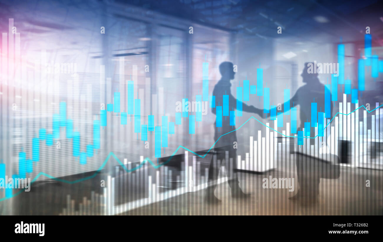 Stock trading candlestick chart and diagrams on blurred office center ...
