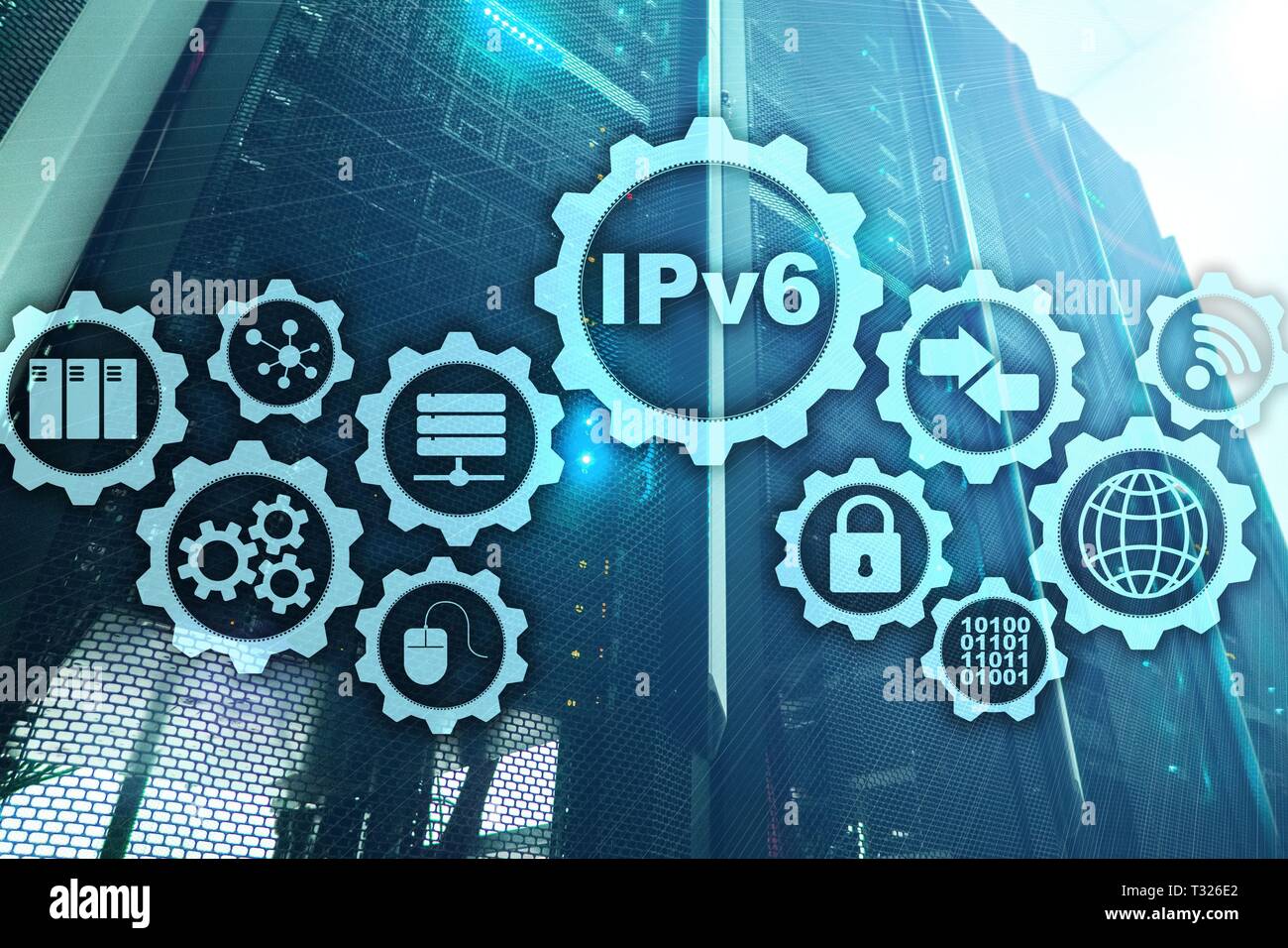IPv6 Internet Protocol on server room background. Business Technology ...