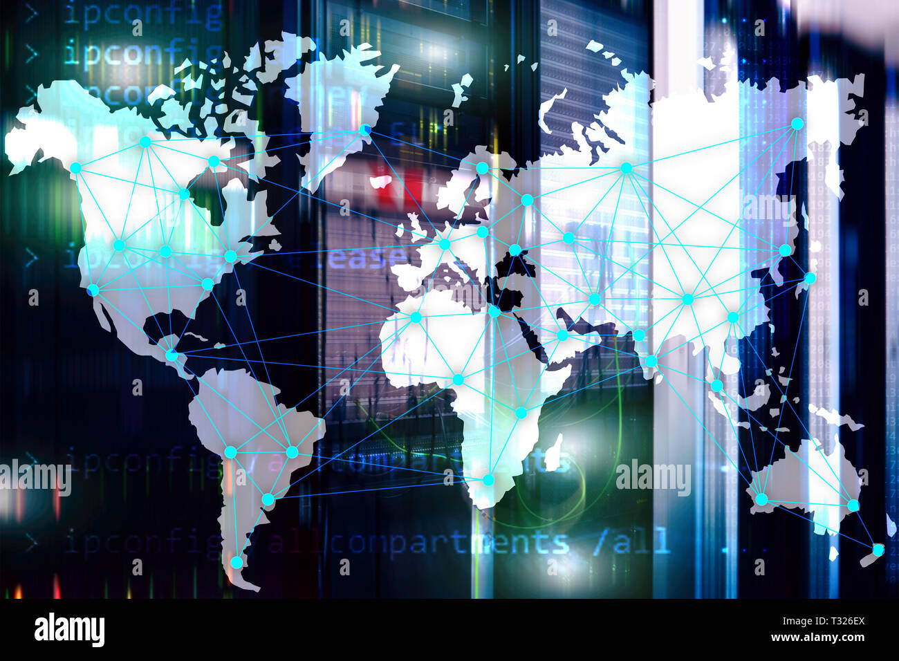 Internet and telecommunication concept with world map on server room ...