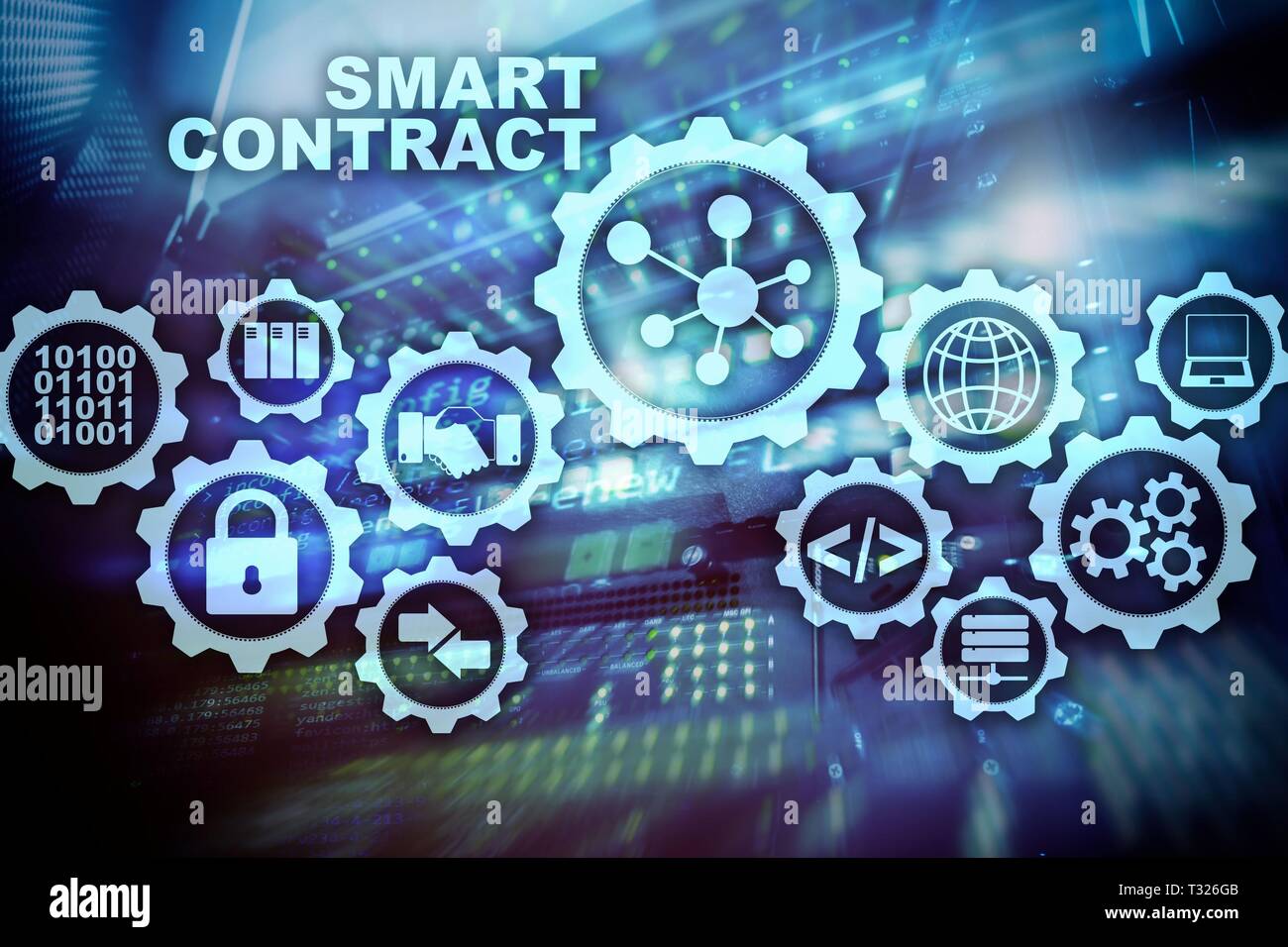Smart Contract on modern server room background. Business Technology ...