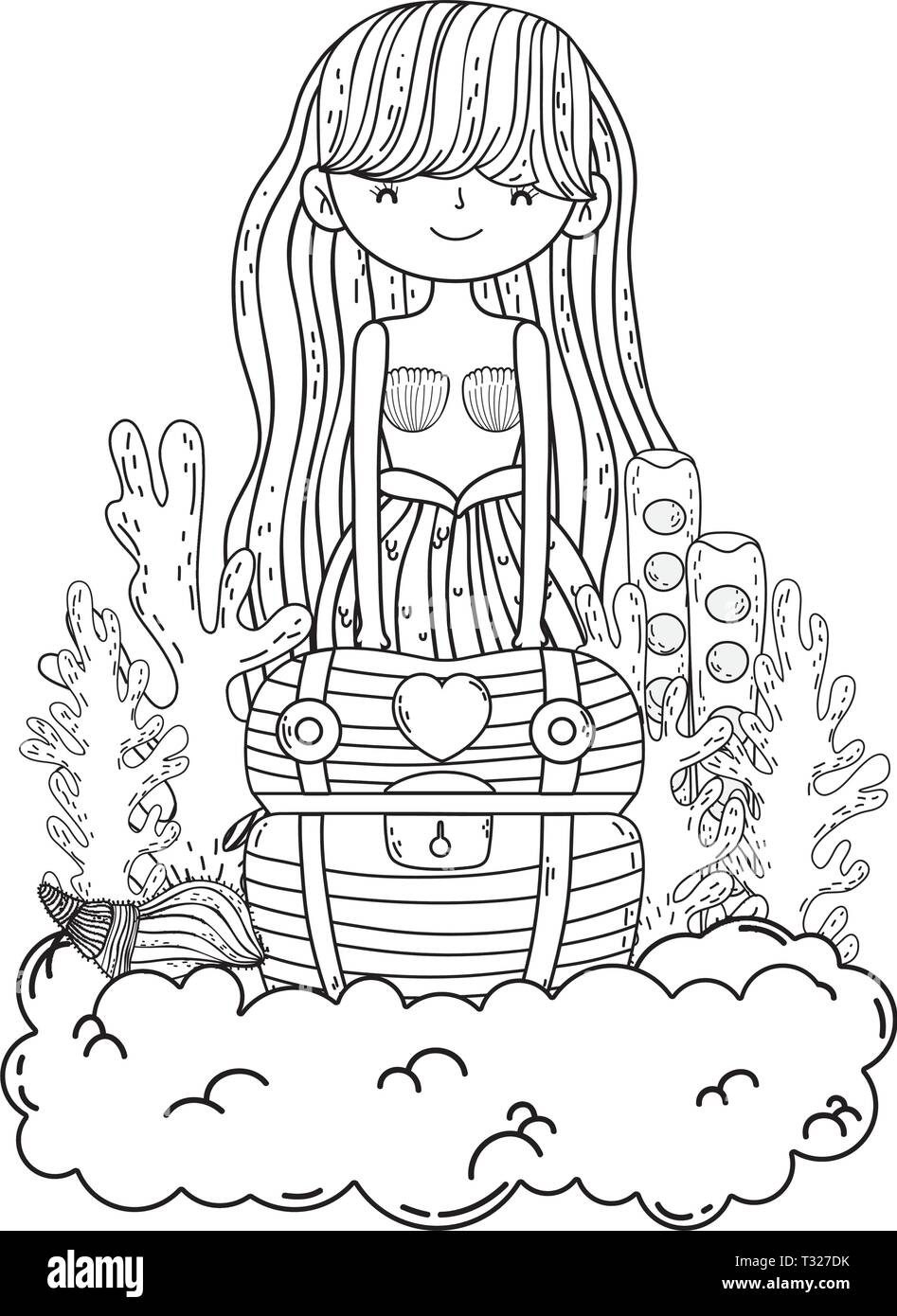 beautiful mermaid with treasure chest in clouds vector illustration ...